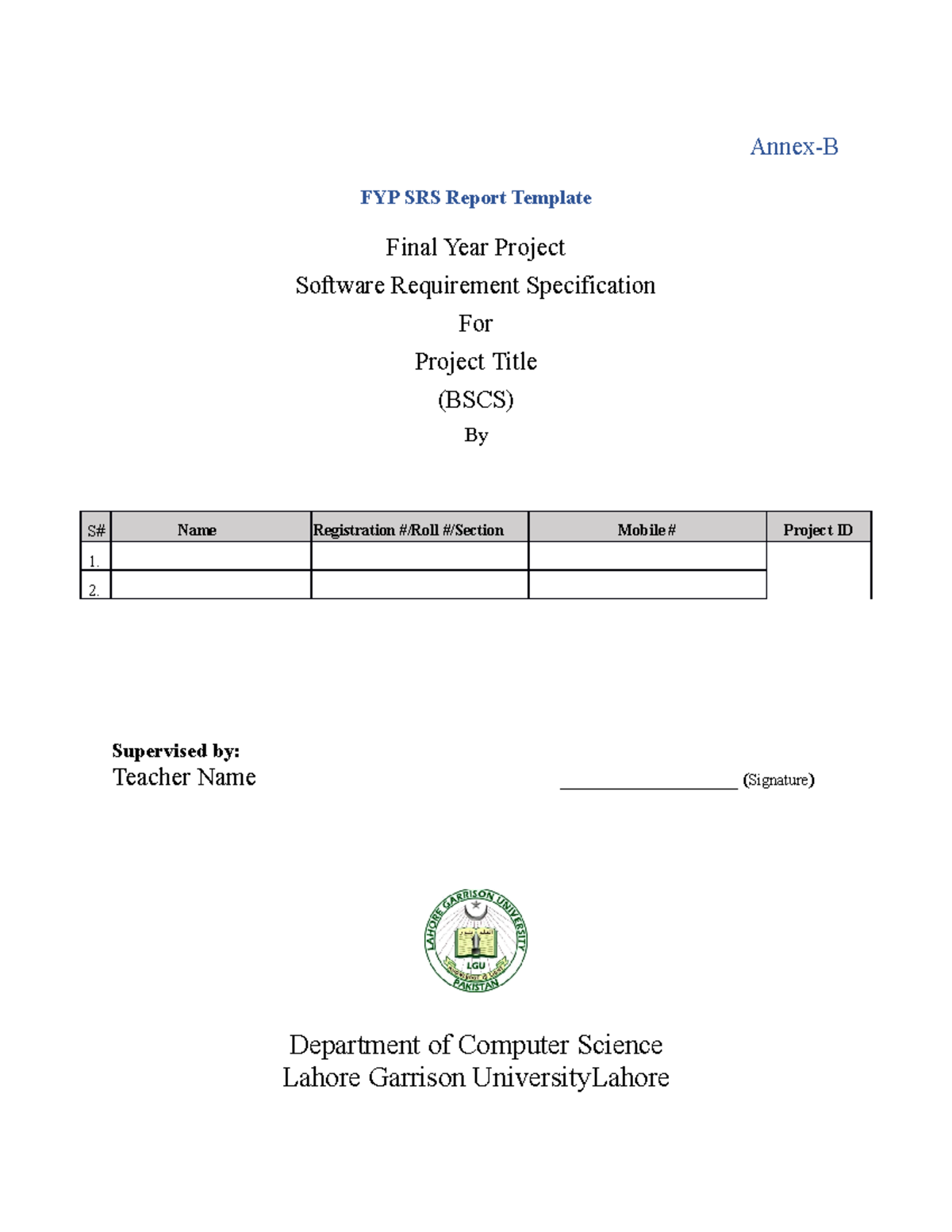 SRS doucment template - Annex-B FYP SRS Report Template Final Year ...
