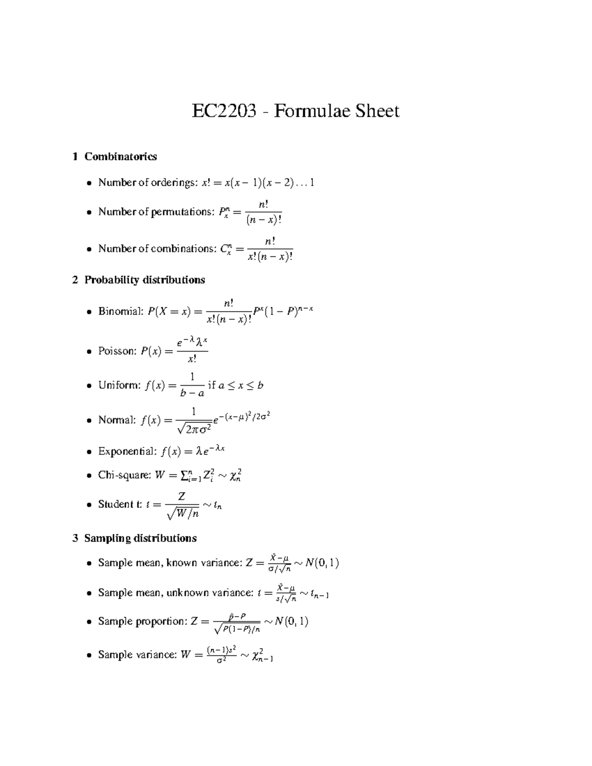 Formulas - EC2203 - Formulae Sheet 1 Combinatorics Number of orderings ...