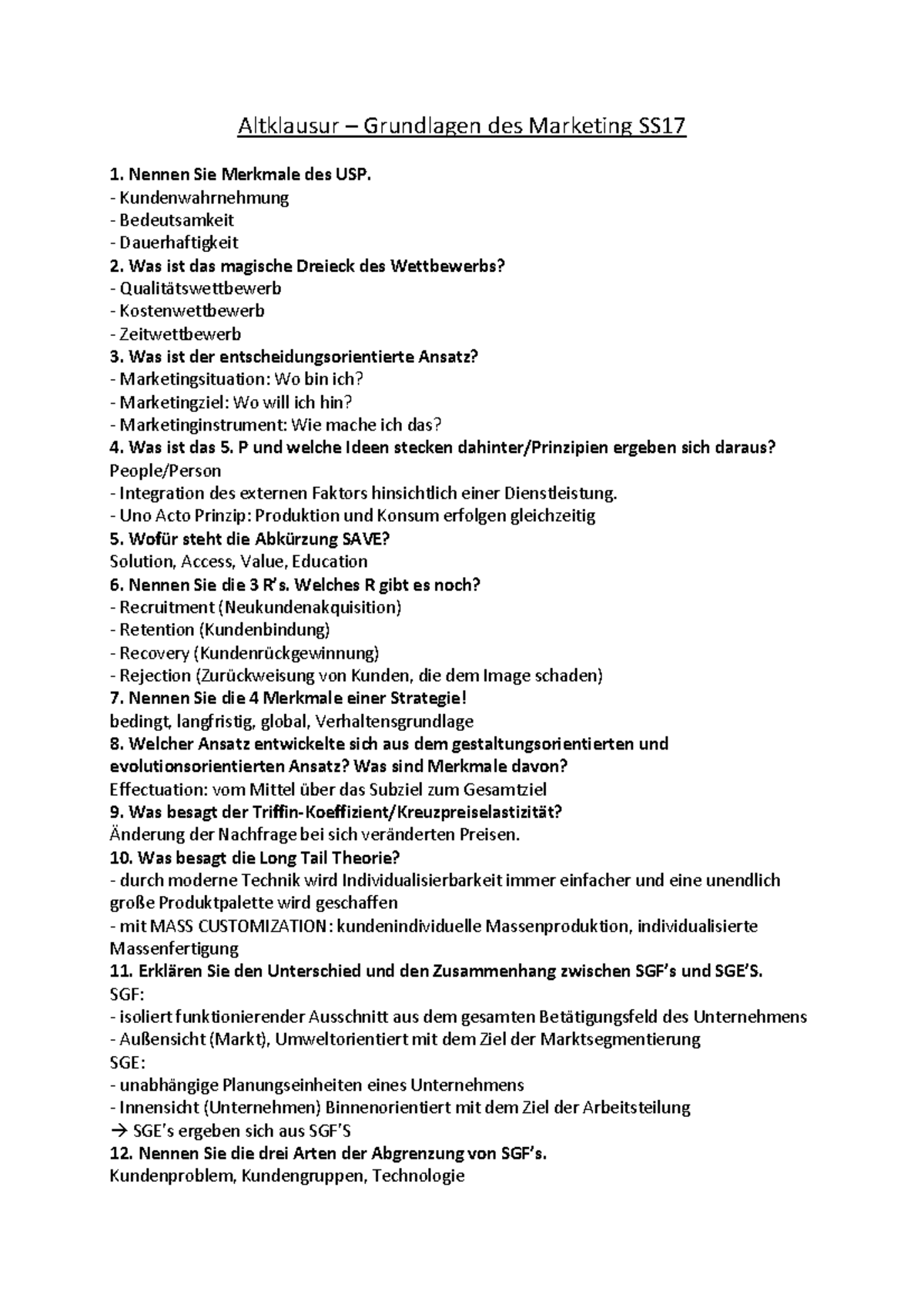 Klausur Sommersemester 2017, Fragen und Antworten - Altklausur – Grundlagen des Marketing SS17 1 ...