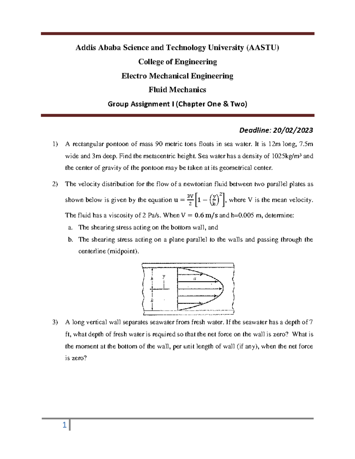 Group Assignment I - fluid mechanics - Addis Ababa Science and Technology University (AASTU ...