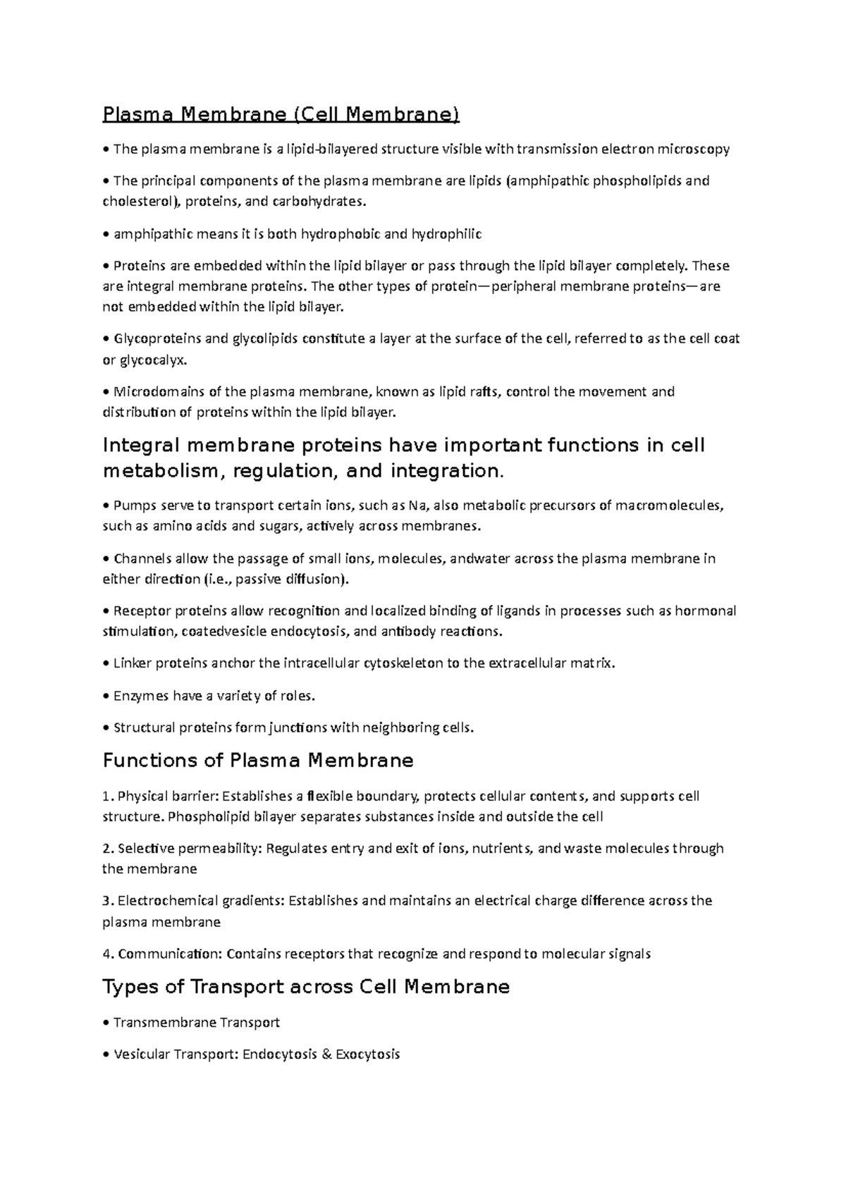 Plasma Membrane and all other notes - Plasma Membrane (Cell Membrane ...