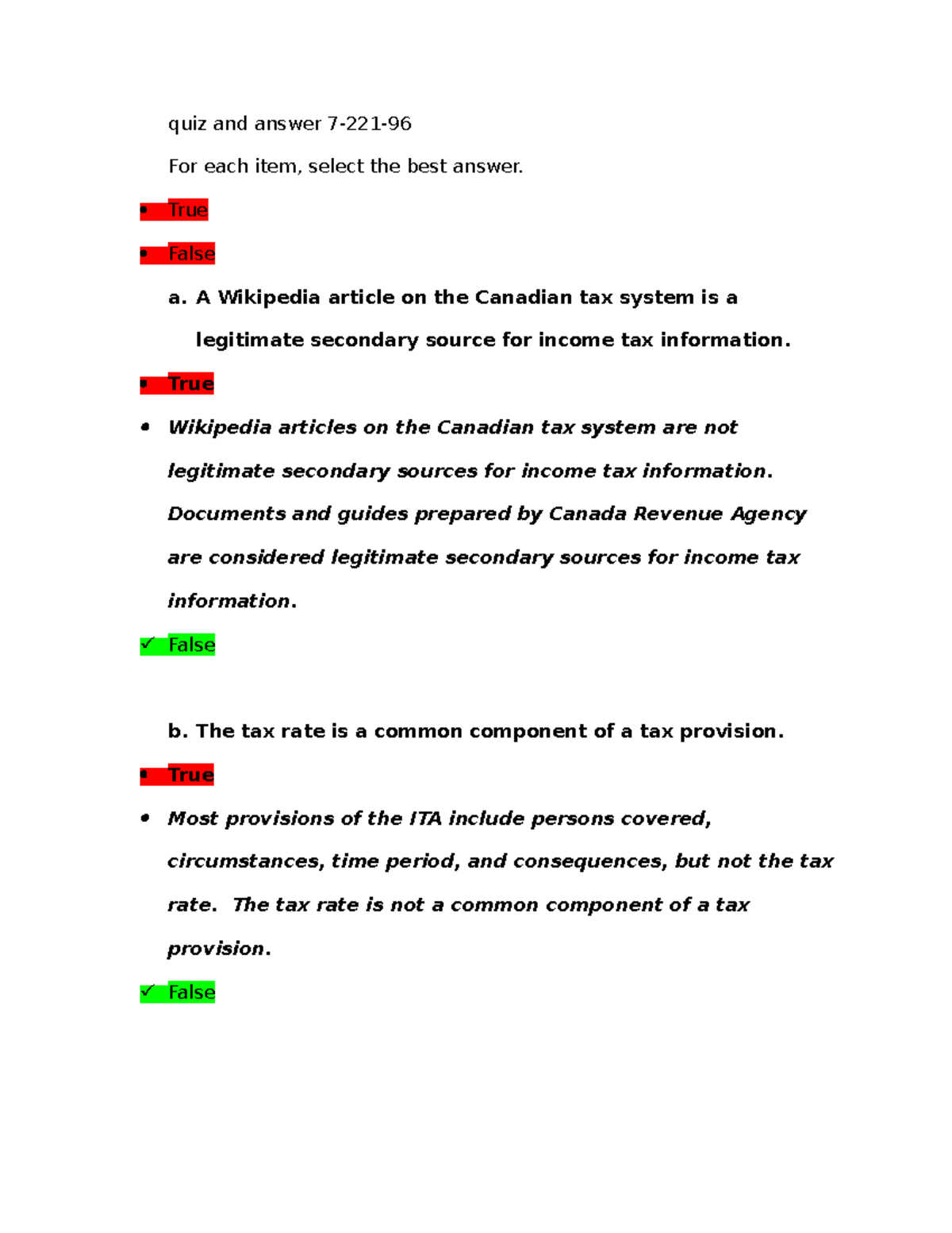 Quiz and answer 7-221-96, Byrd&chen's Canadian tax principles - quiz ...