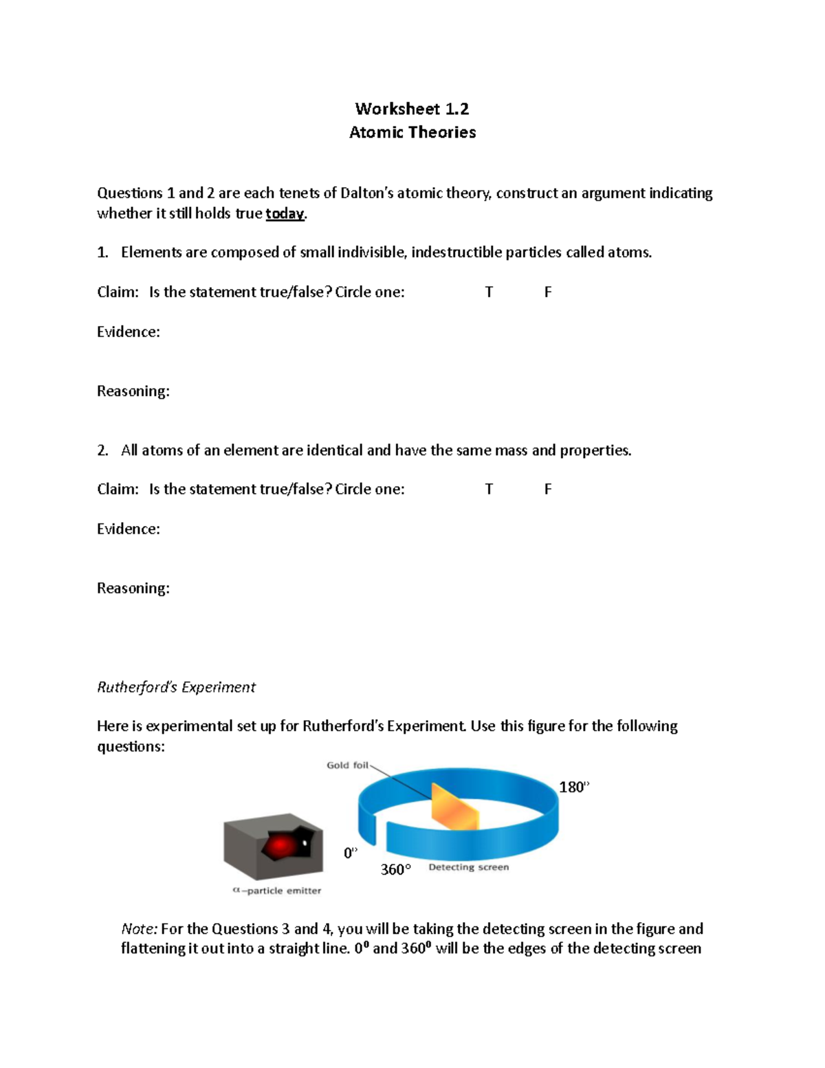 Worksheet 1 - Worksheet 1. Atomic Theories Ques&ons 1 and 2 are each ...
