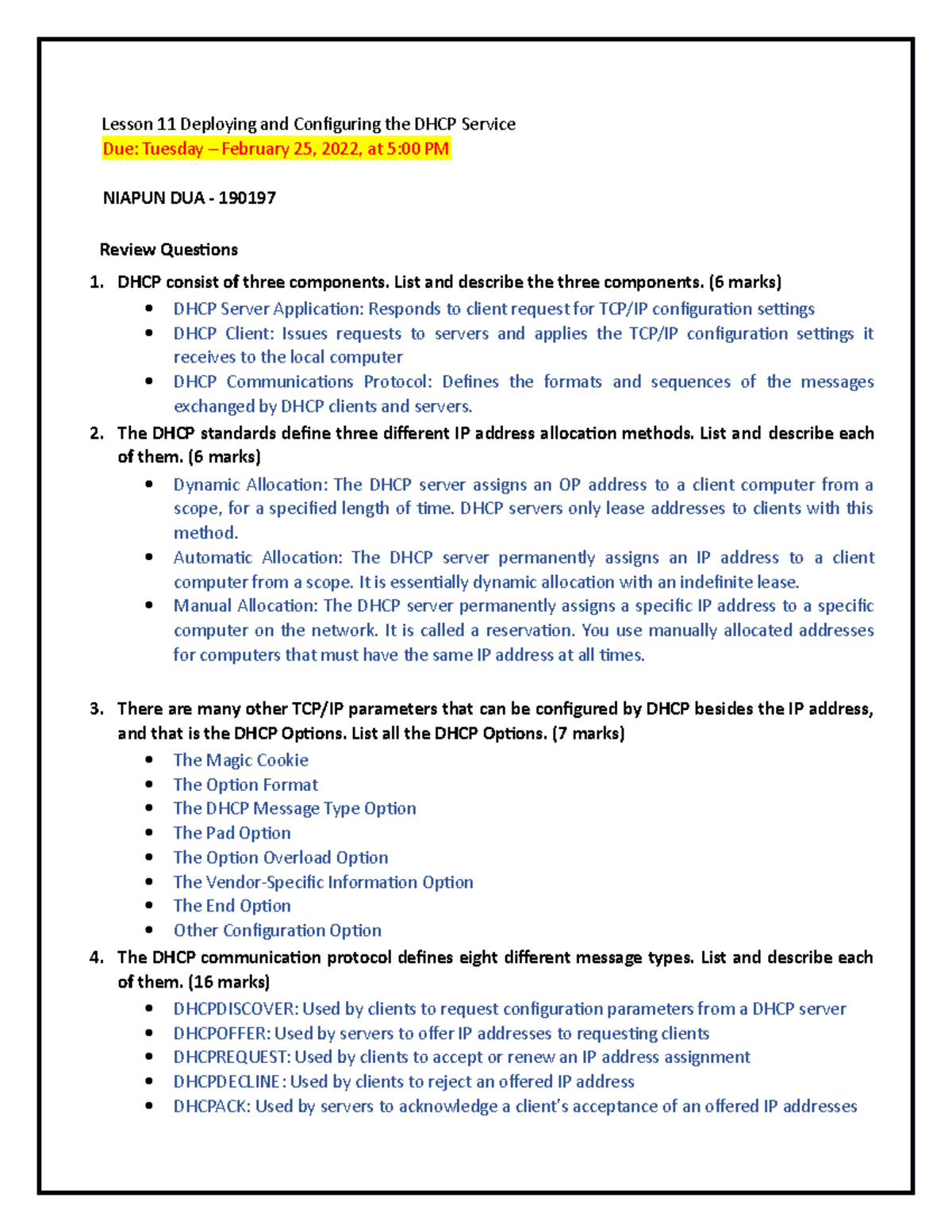 70-410 Deploying and Configuring DHCP Lesson 11 Review Exercise - Lesson 11 Deploying and - Studocu