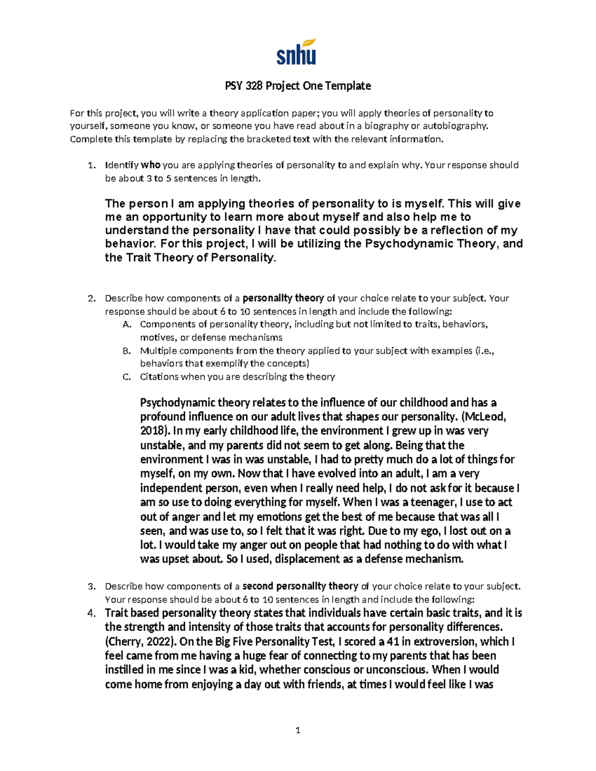 PSY 328 Project One Template Theories of Personality Module 6 - PSY 328 ...