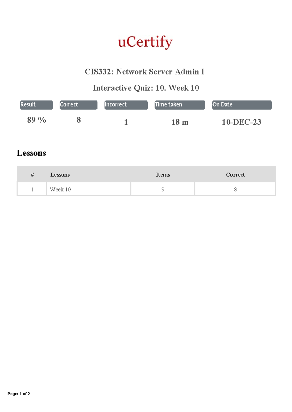 Cis 332 Week 10 Quiz Week 10 Quiz Cis 332 Page 1 Of 2 Cis332 Network Server Admin I