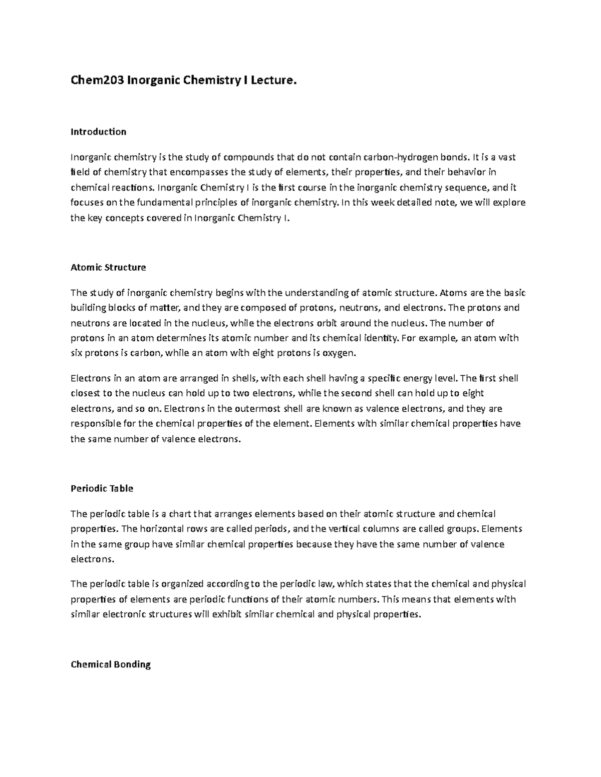 Chem203 Inorganic chemistry lecture. - Chem203 Inorganic Chemistry I Lecture. Introduction ...