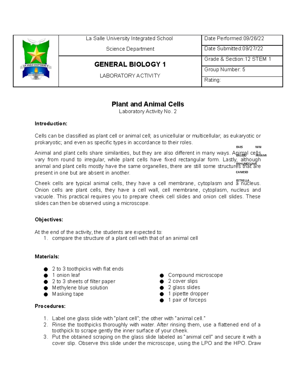 12STEM1G5-LAB 2 ( Plant AND Animal CELL) - La Salle University ...
