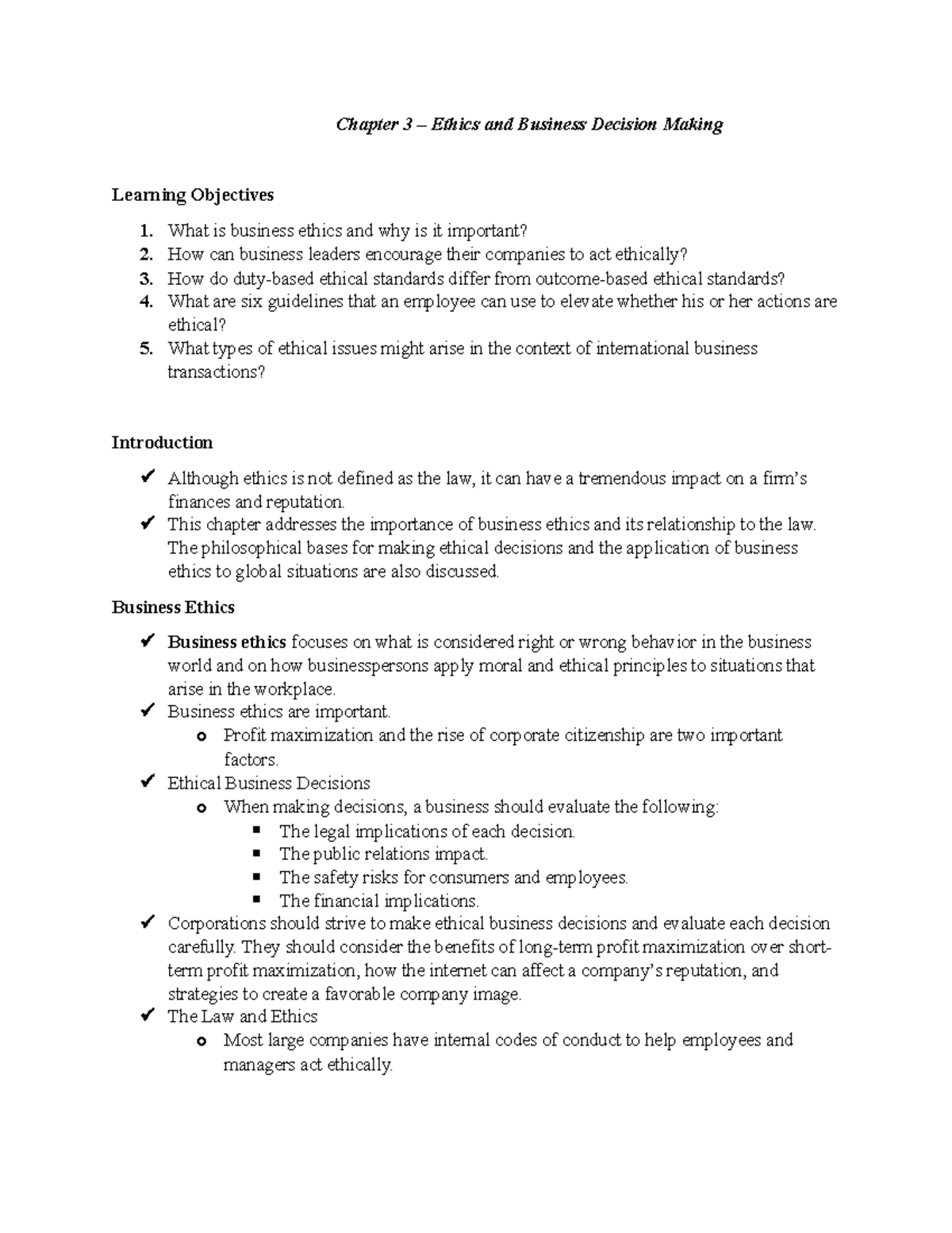 Chapter 3 Power Point Notes - Chapter 3 – Ethics and Business Decision ...