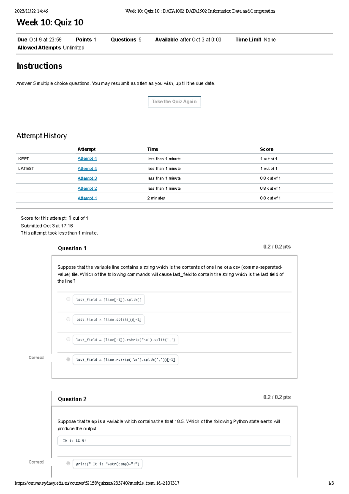 Week 10 Quiz 10 DATA1002 DATA1902 Informatics Data and Computation - 2023/11/22 14:46 Week 10 ...