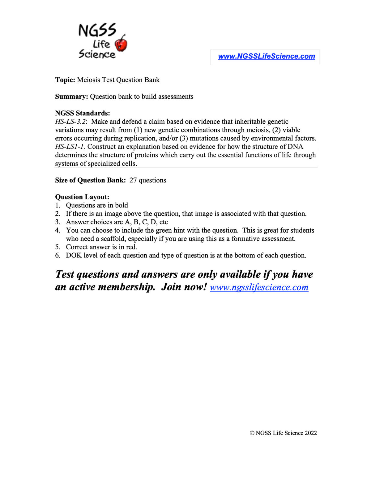 Test meiosis - A test and group of test question - NGSS Life Science ...