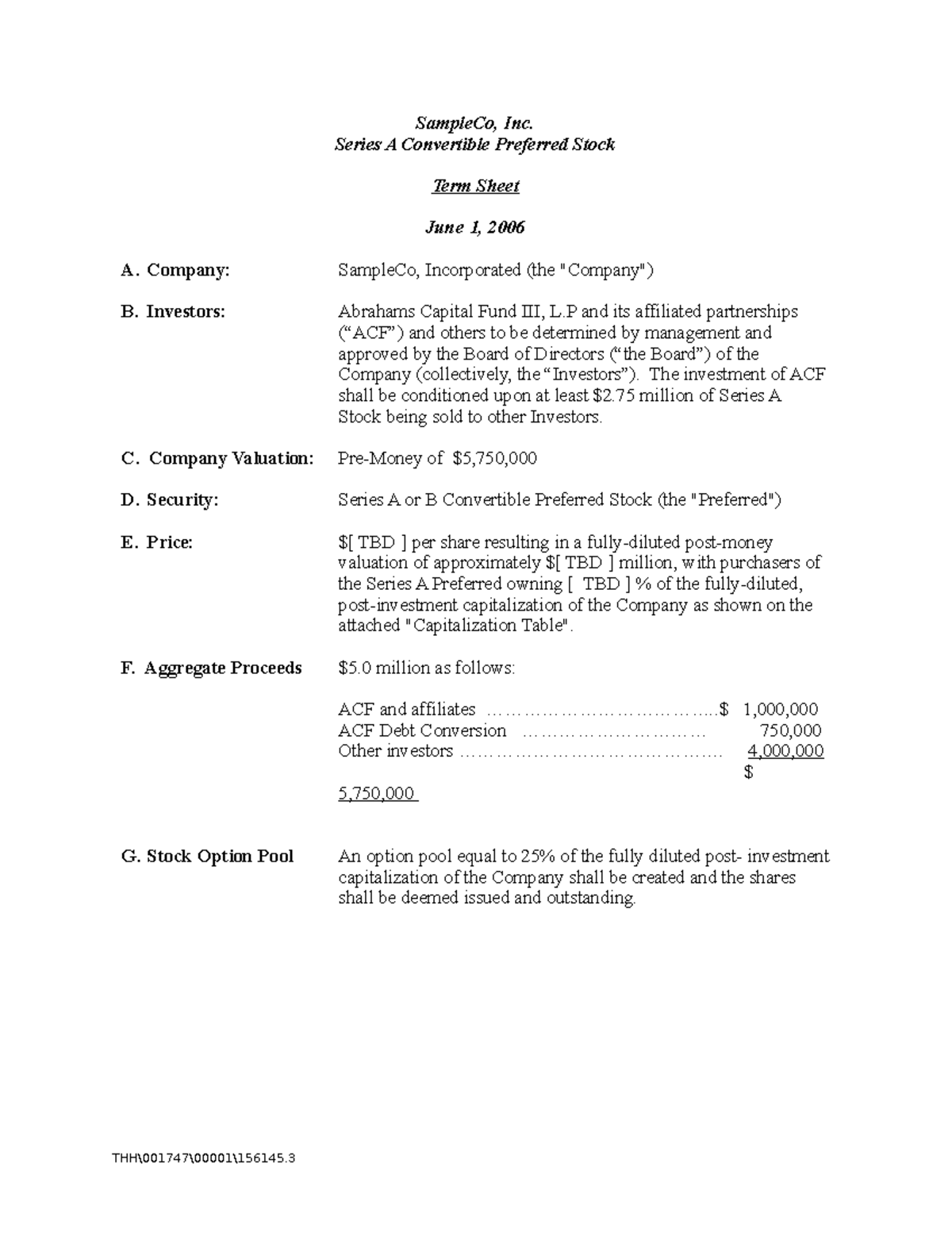 Sample Term Sheet - Lecture note Deal Structure - SampleCo, Inc. Series ...