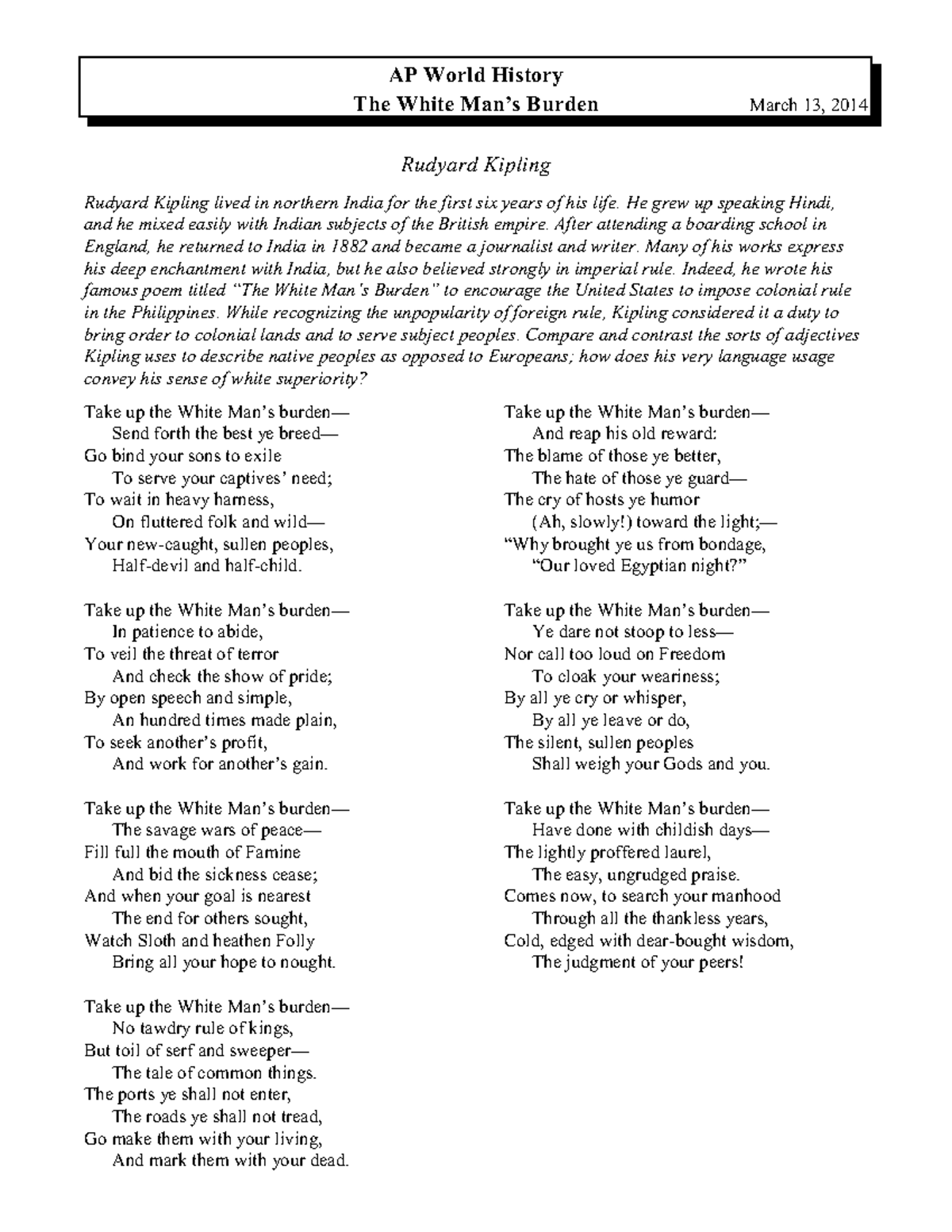 Unit5 34 White Man's Burden - AP World History The White Man’s Burden ...