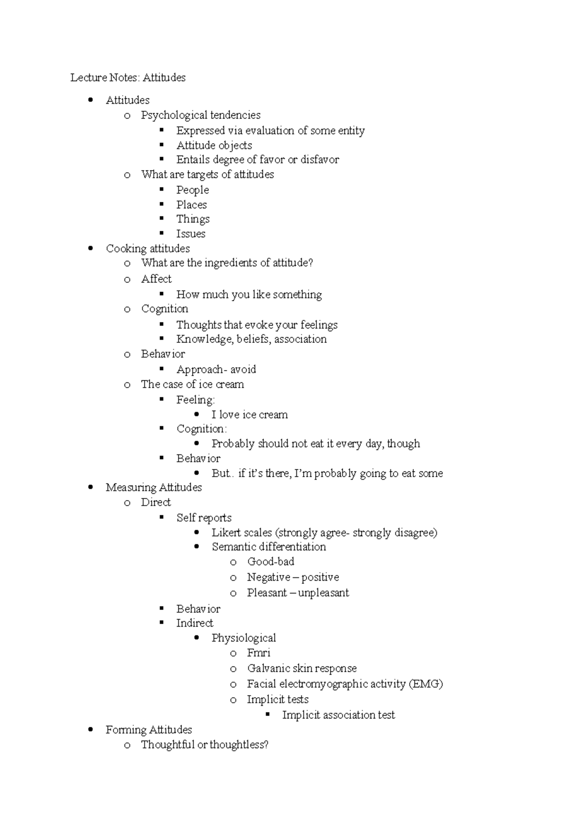Attitudes Lecture Notes - Lecture Notes: Attitudes Attitudes o ...