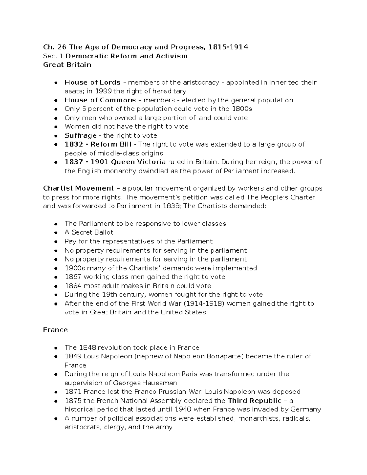 CH 26 WH Notes - Ch. 26 The Age of Democracy and Progress, 1815- Sec. 1 ...
