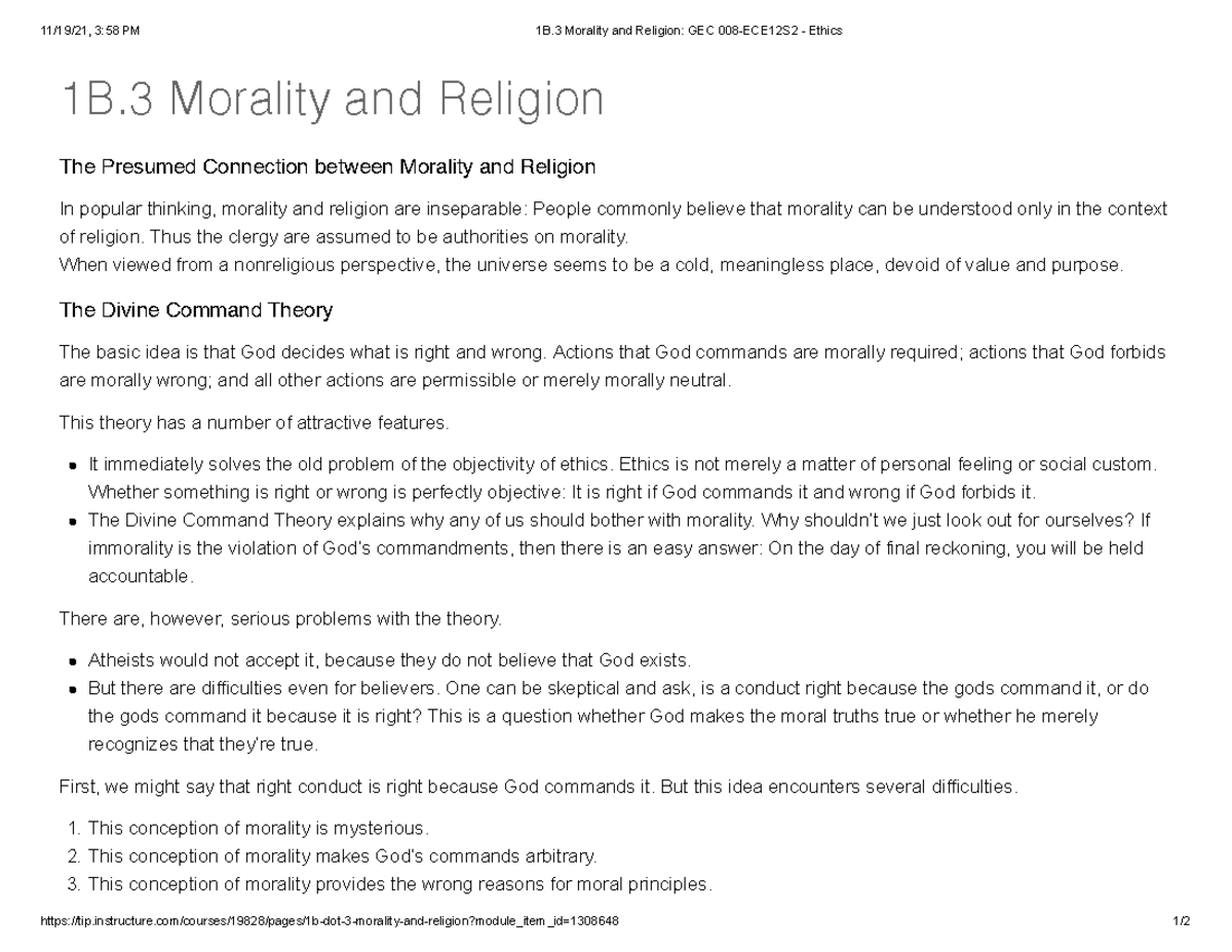 GEC008-1B.3 Morality and Religion - Ethics - TIP - Studocu