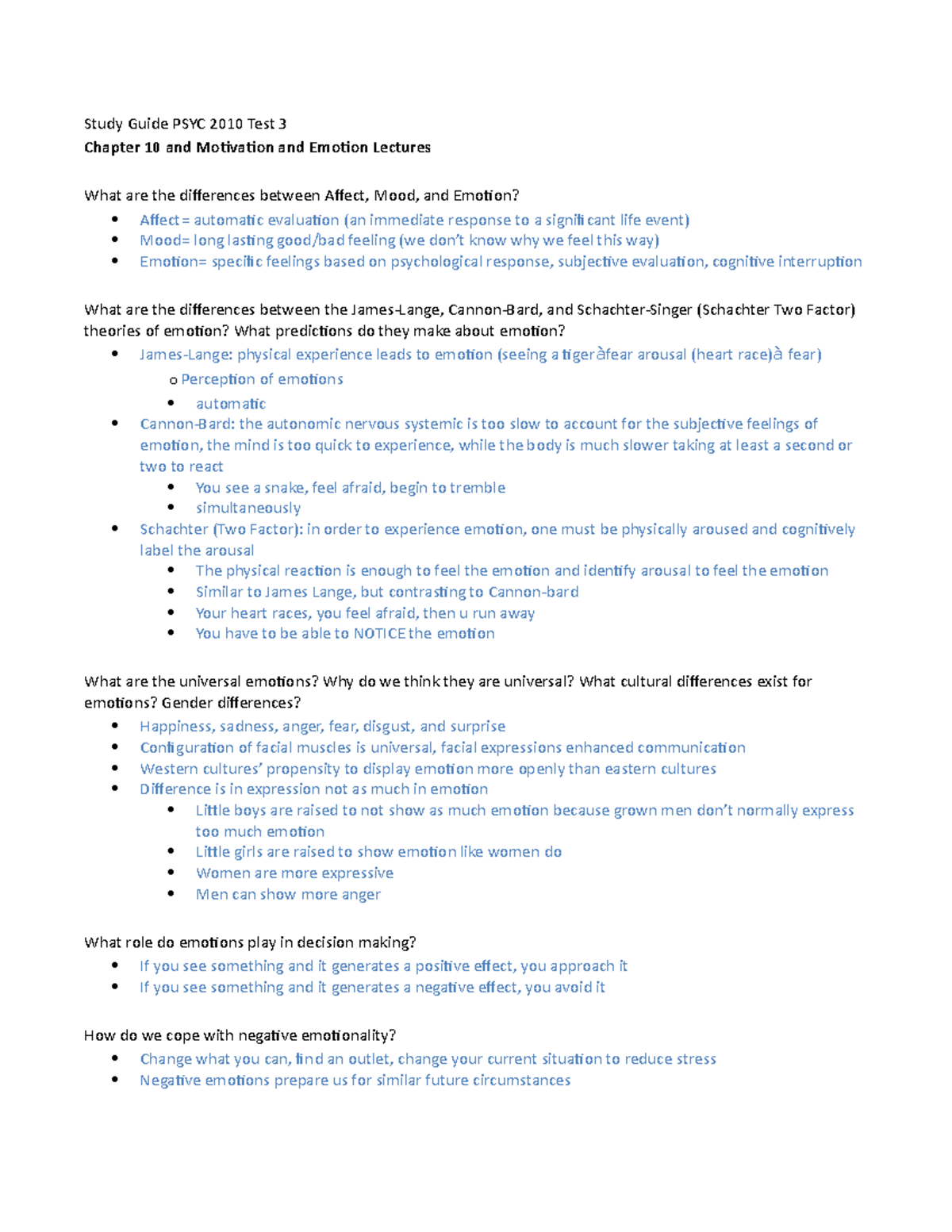 Psych Test 3 Review - Dr. Gitters class - Study Guide PSYC 2010 Test 3 ...