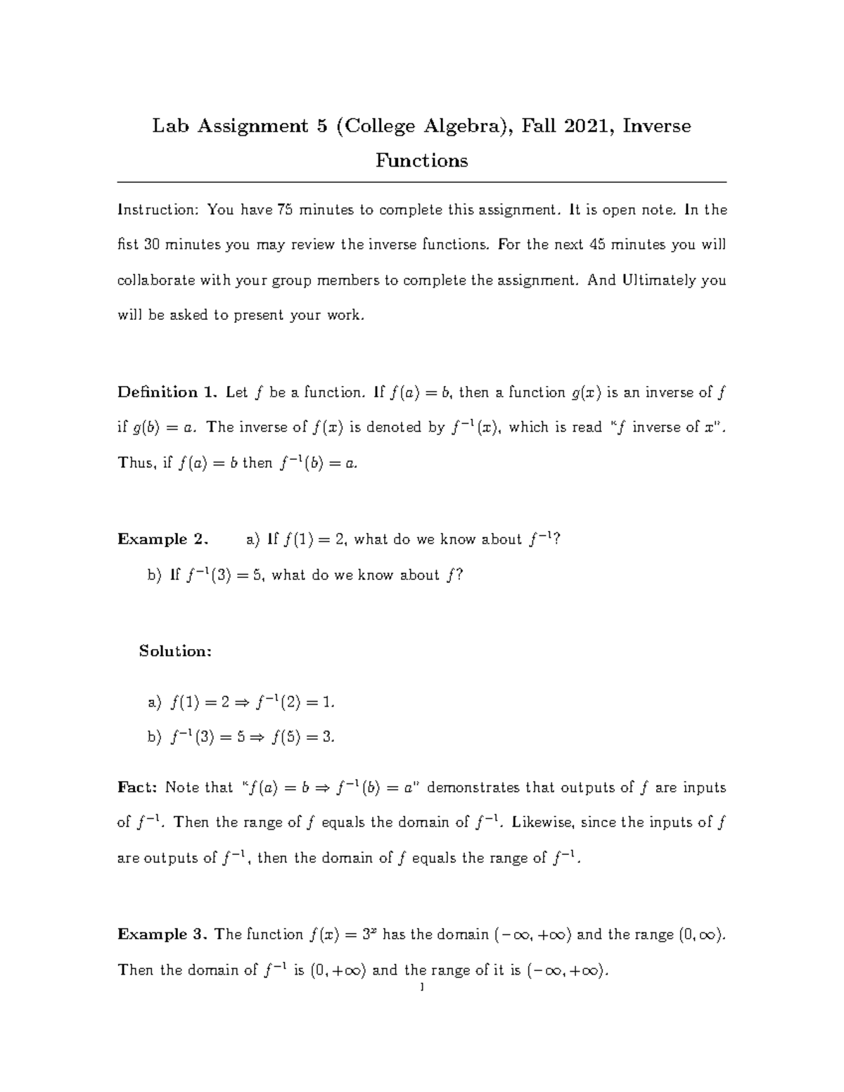 Lab6 - Inverse Functions - Lab Assignment 5 (College Algebra), Fall 2021, Inverse Functions ...