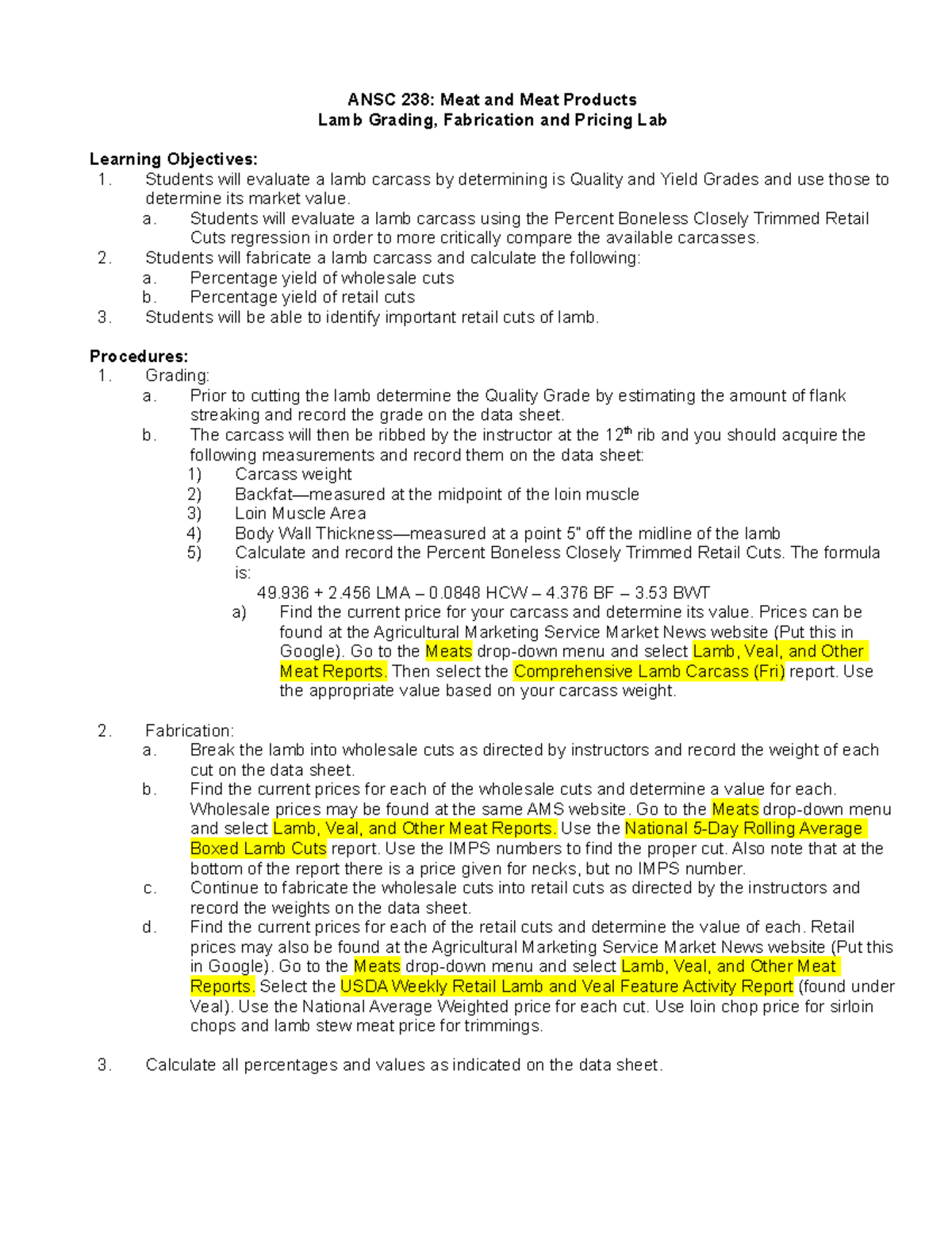 Lamb Fabrication Lab Handout - ANSC 238: Meat and Meat Products Lamb ...