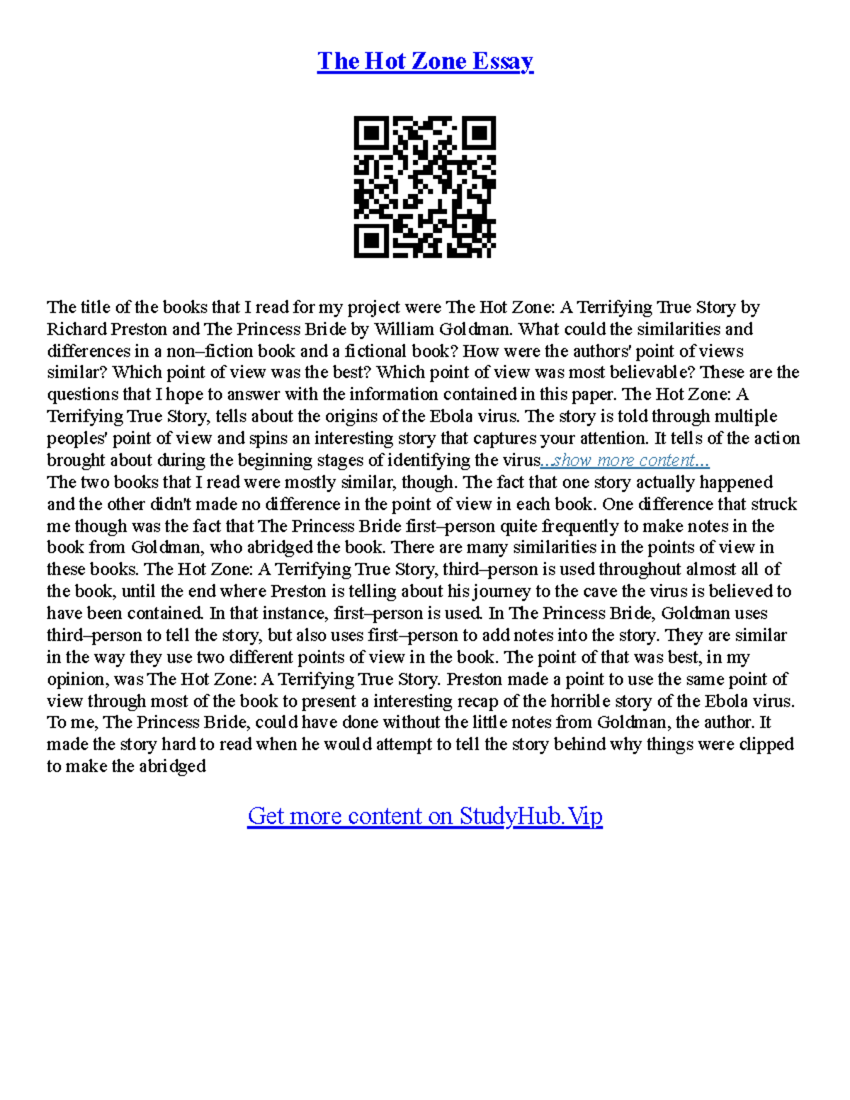Hot Essay Hot Essay - The Hot Zone Essay The title of the books that I ...