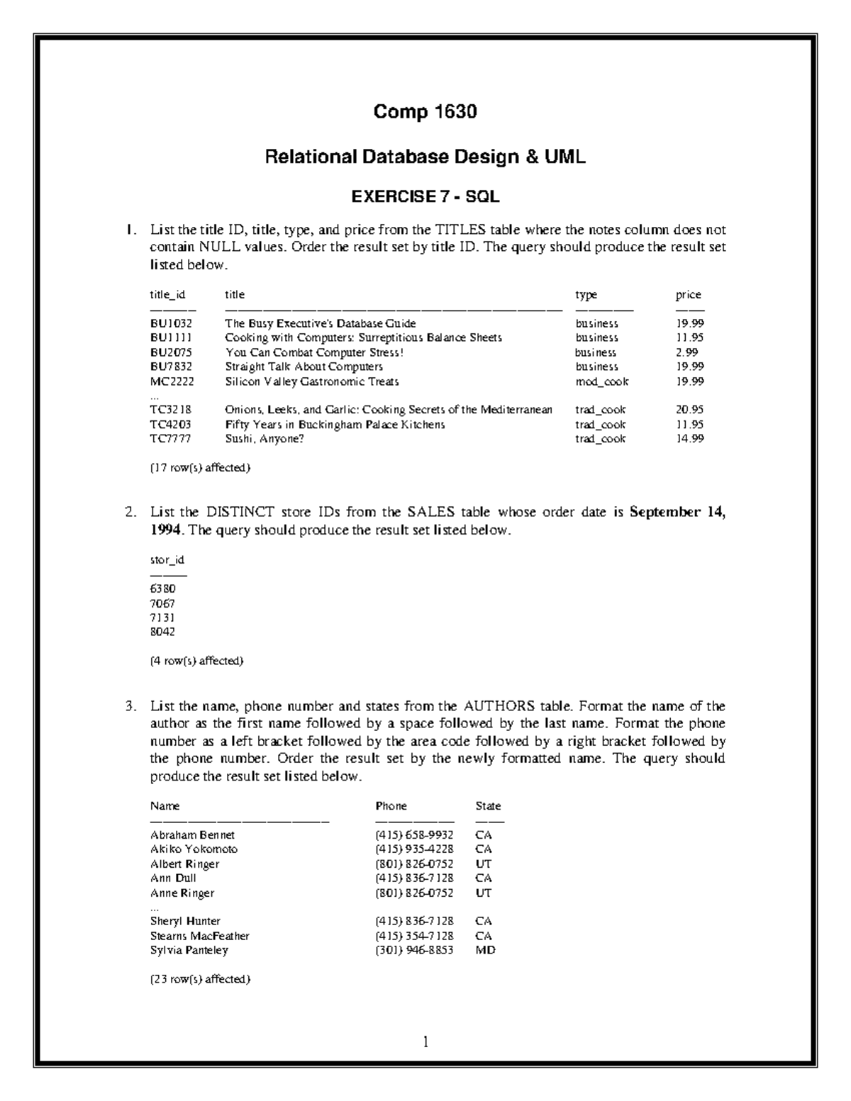 Comp 1630 Exercise 7 1 Comp 1630 Relational Database Design And Uml Exercise 7 Sql 1 List The