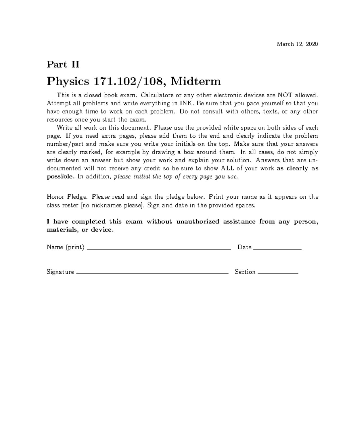 Physics 108 2020 - midterm 2 - March 12, 2020 Part II Physics 171/108 ...