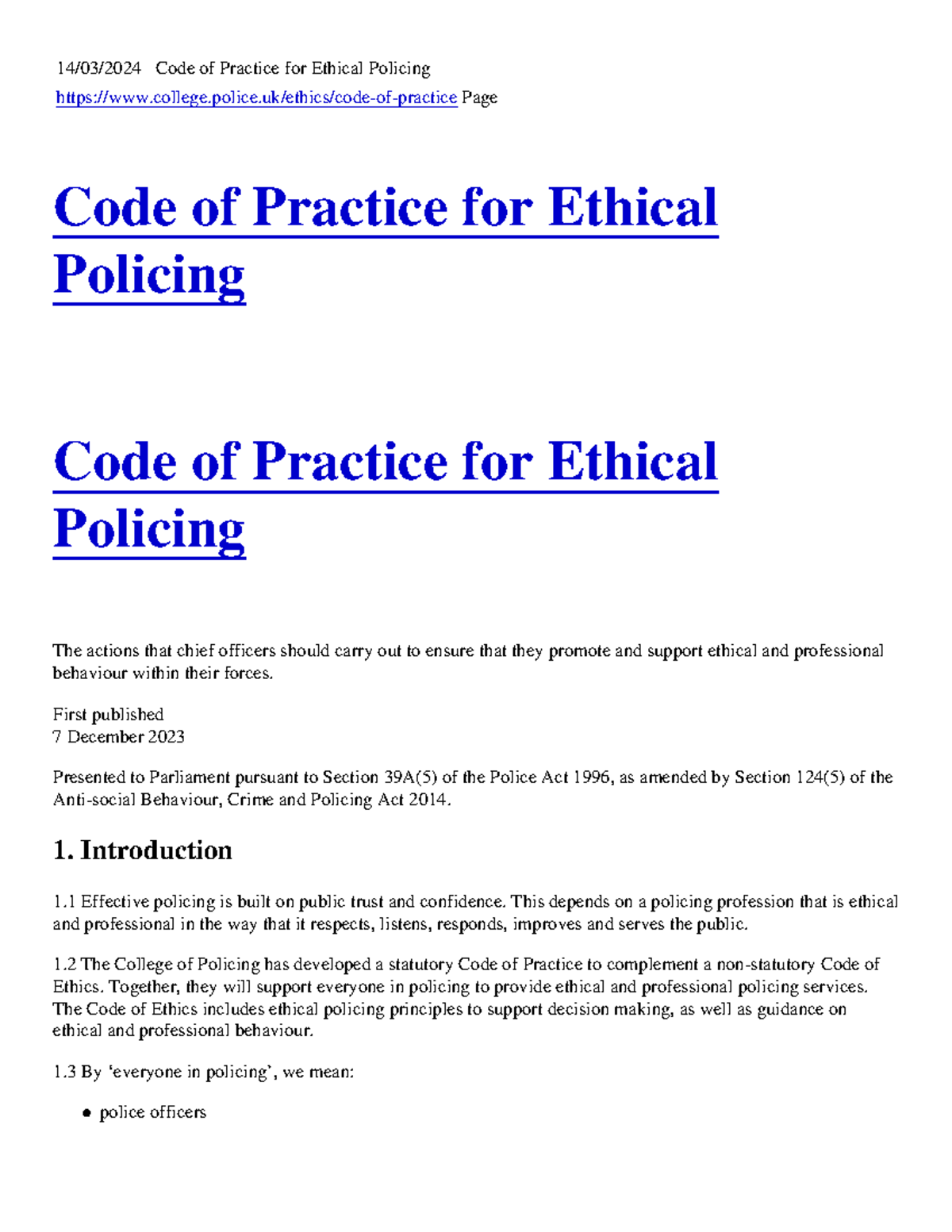 Code of practice for ethical policing 1710376006 - 14/03/2024 Code of ...