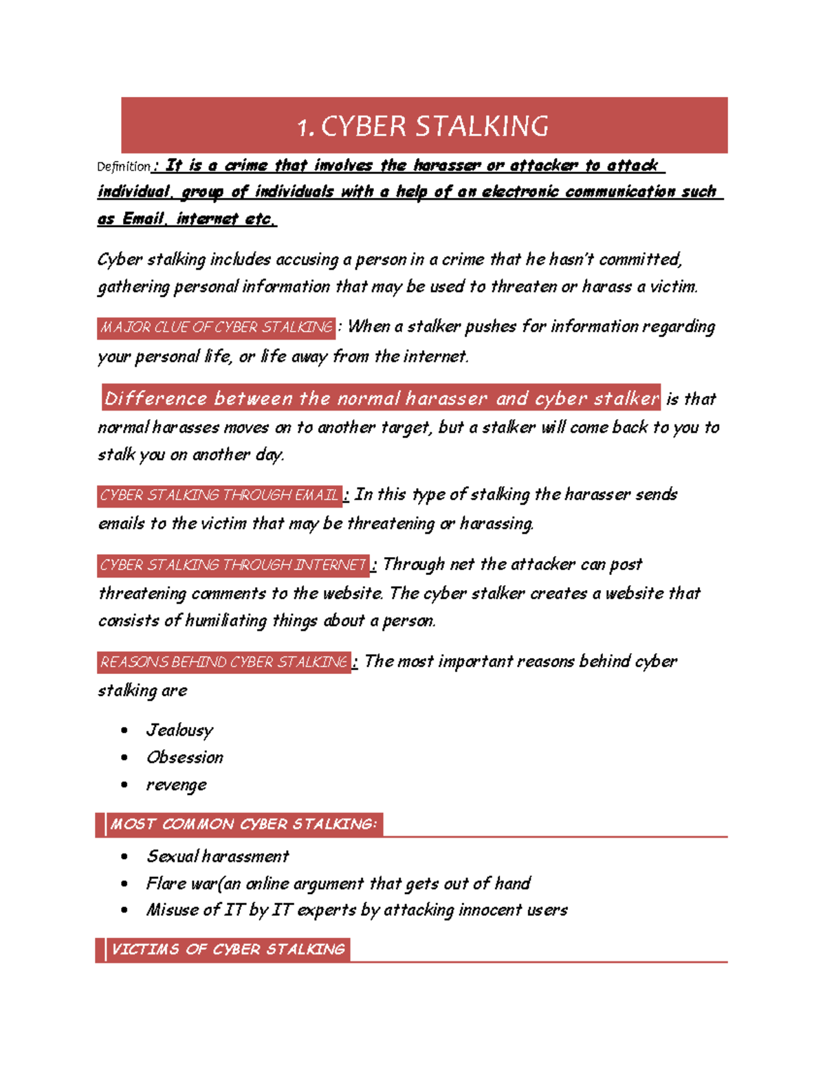 Cyber stalking - 1 STALKING Definition: It is a crime that involves the ...