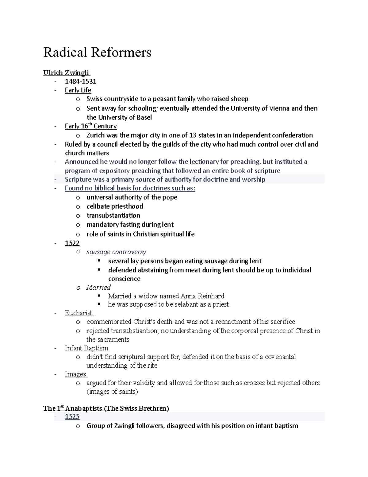 Christian Heritage Unit 2 Radical Reformers - Radical Reformers Ulrich ...