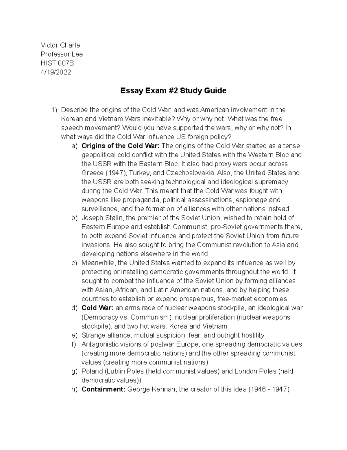 Essay Exam #2 Study Guide - Victor Charle Professor Lee HIST 007B 4/19 ...