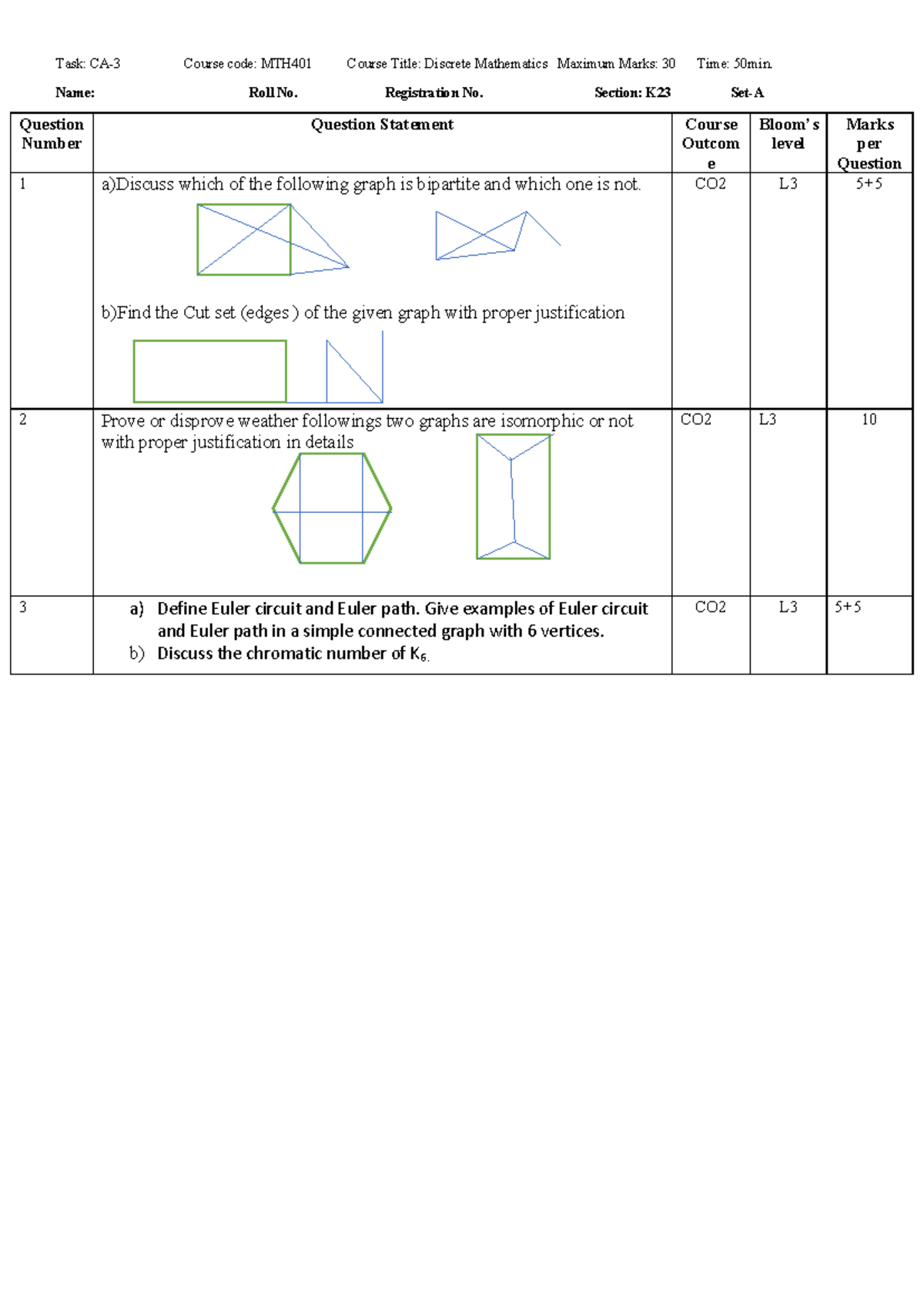 CA3 set 1 - bi xifiiugrqr - Task: CA- 3 Course code: MTH 401 Course Title: Discrete Mathematics ...