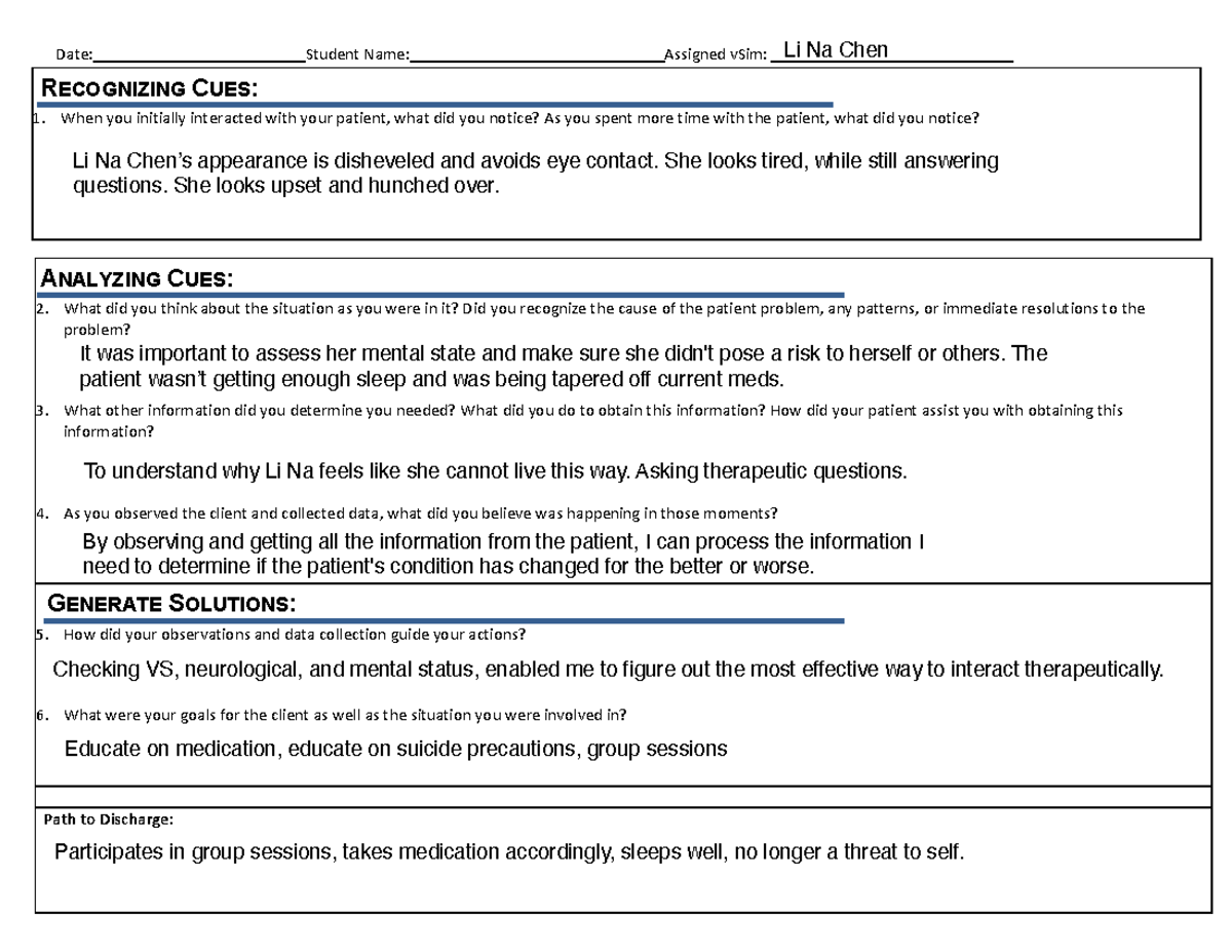 Post Sim Clinical Judgment Worksheet - Date: Student Name: Assigned ...