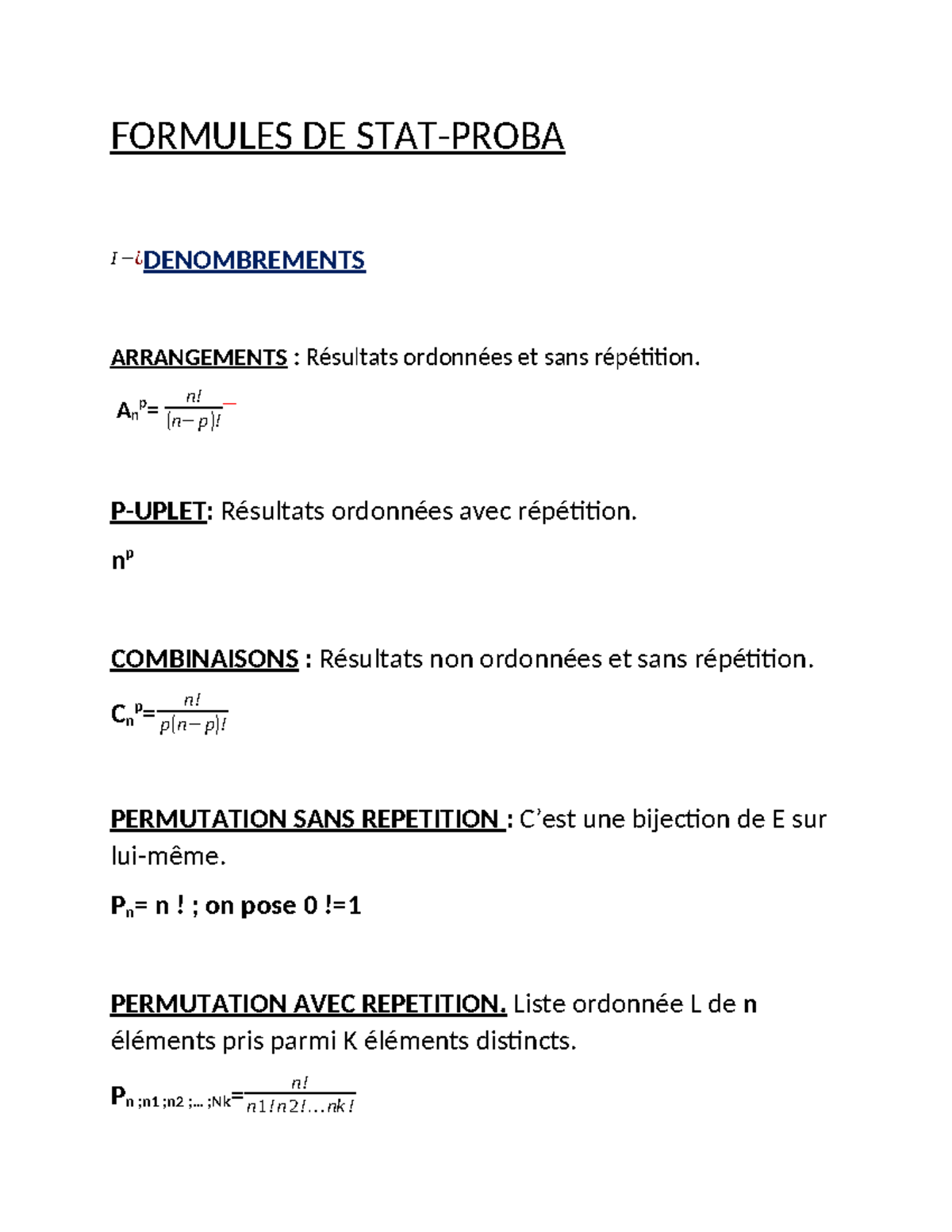 Formules DE STAT Proba - Summary economie - FORMULES DE STAT-PROBA Ι −¿DENOMBREMENTS ...