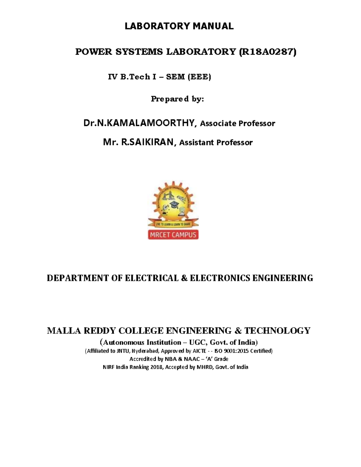 Power Systems Lab Manual - LABORATORY MANUAL POWER SYSTEMS LABORATORY ...