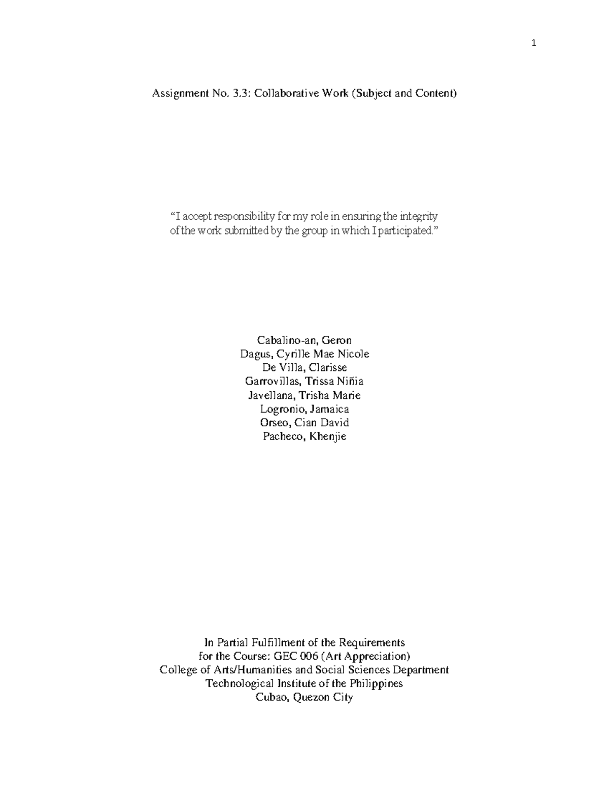 Assignment-3 - Art appreciation a collaborative work different art ...