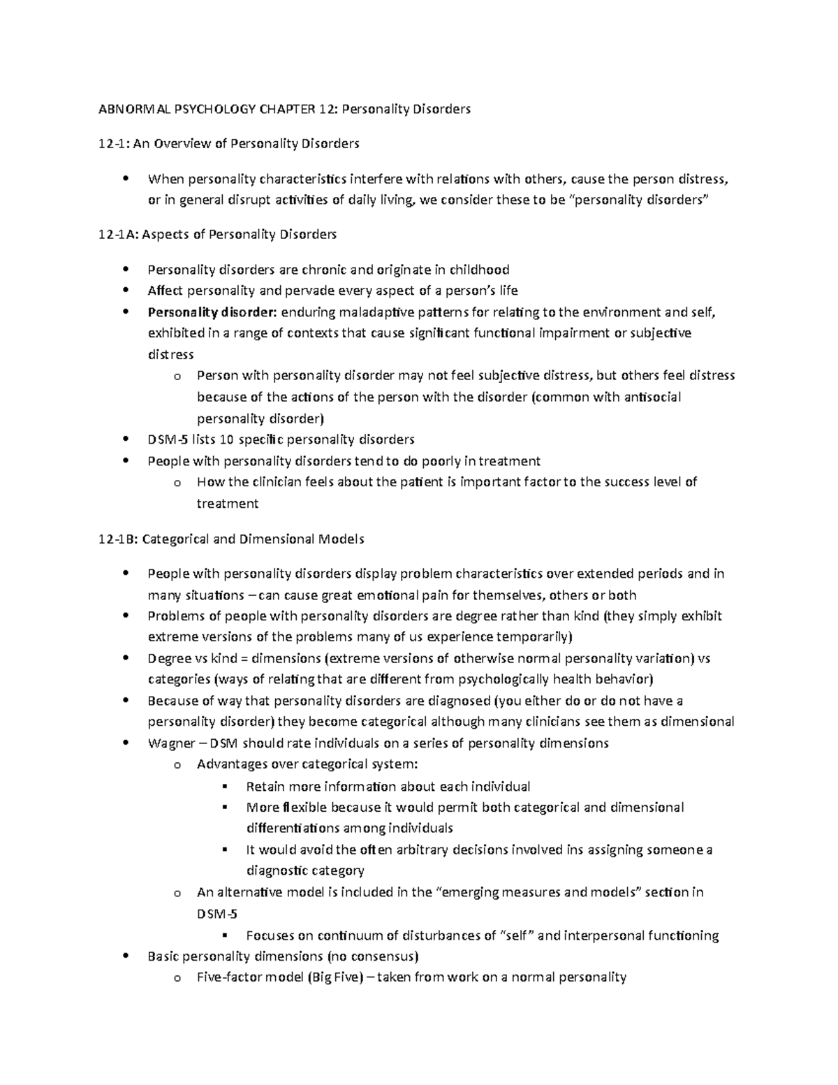 Abnormal Psychology Chapter 12 Notes - ABNORMAL PSYCHOLOGY CHAPTER 12 ...