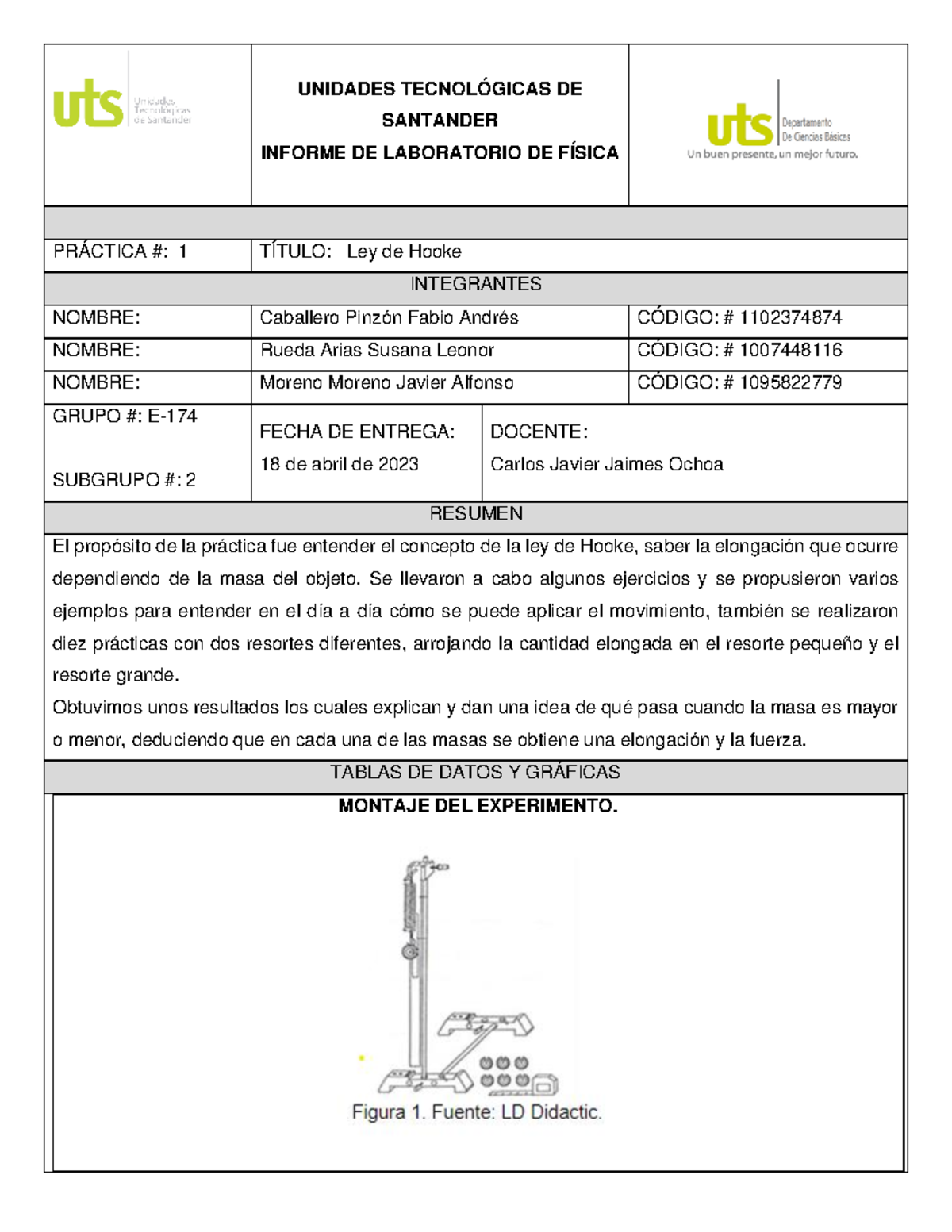 Informe LEY DE Hooke - UNIDADES TECNOLÓGICAS DE SANTANDER INFORME DE LABORATORIO DE FÍSICA ...