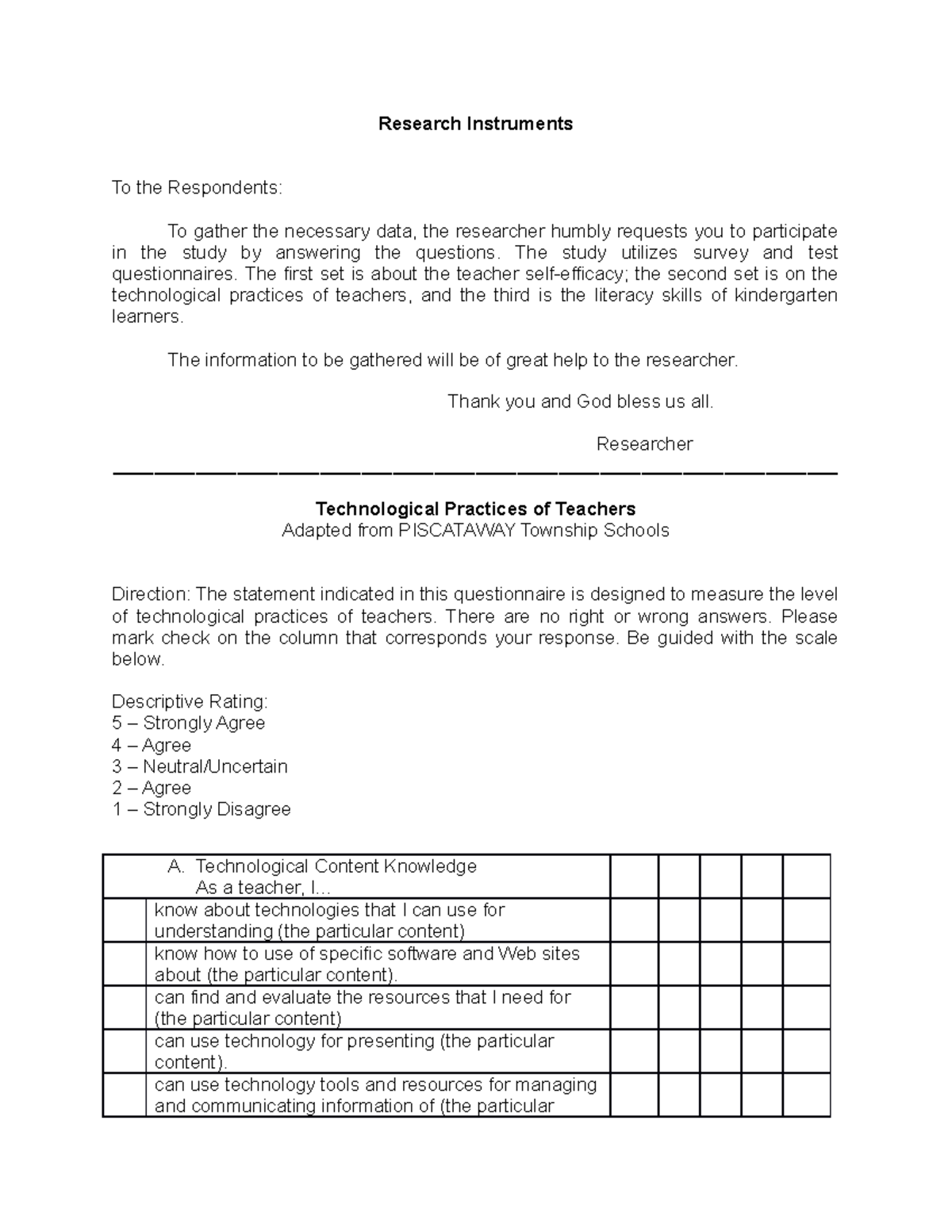 Teachers Technological Practices Survey Questionnaire - Research ...