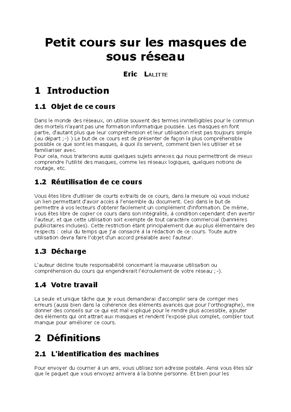 Cours Sur Les Masques Sous Réseau - Petit cours sur les masques de sous réseau Eric LALITTE 1 ...