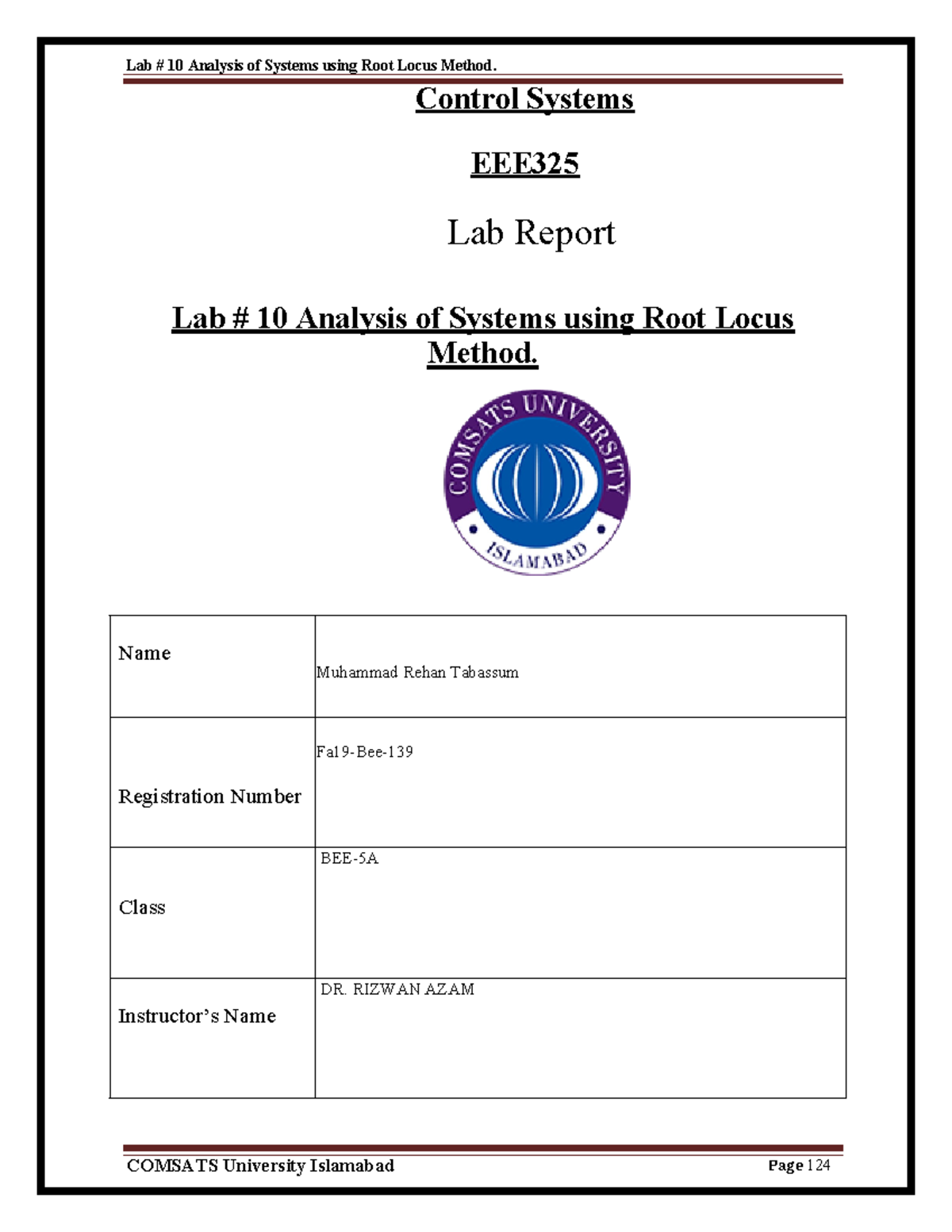 lab10 controls system - Control Systems EEE Lab Report Lab # 10 Analysis of Systems using Root ...
