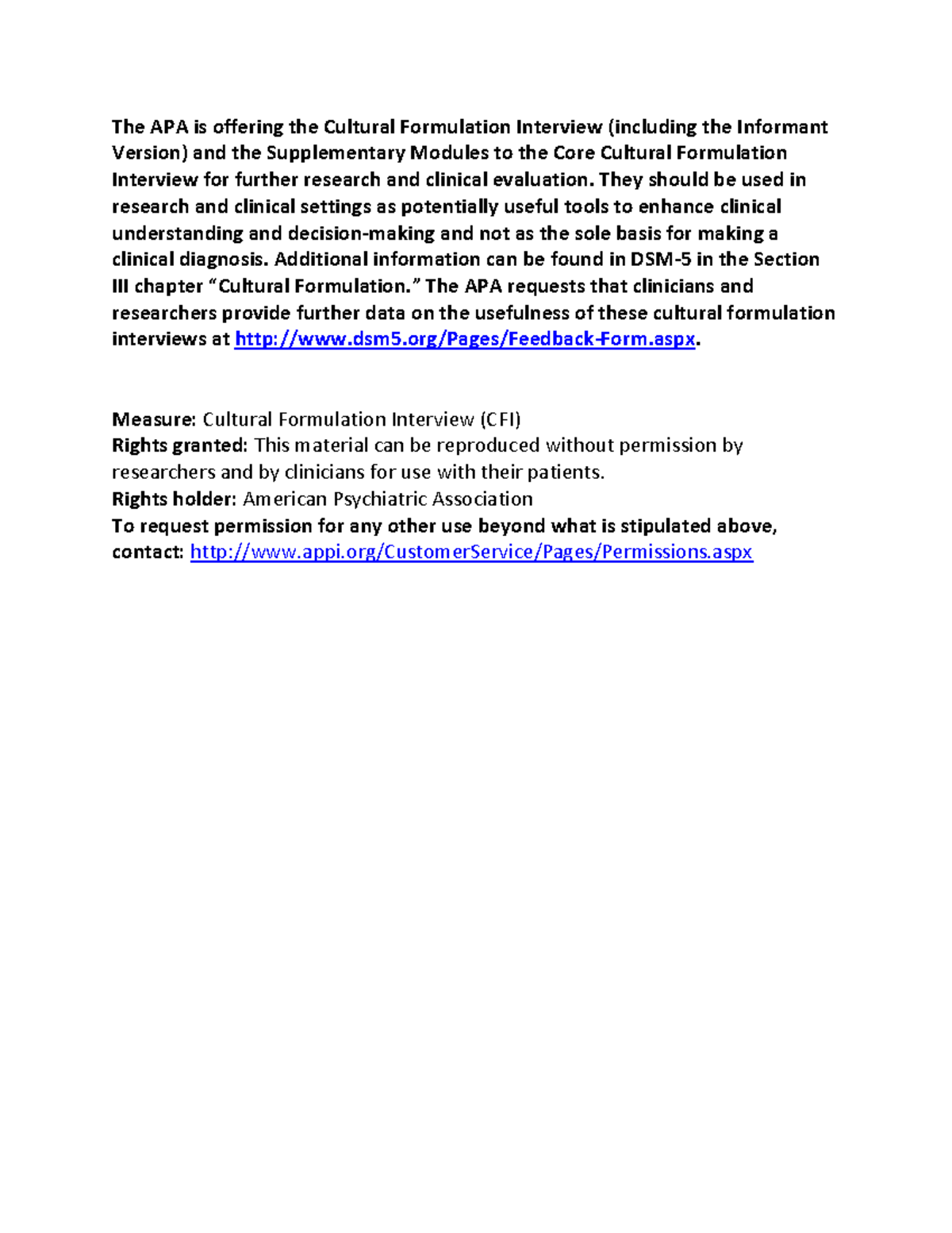 APA DSM5 Cultural-Formulation-Interview - The APA is offering the ...