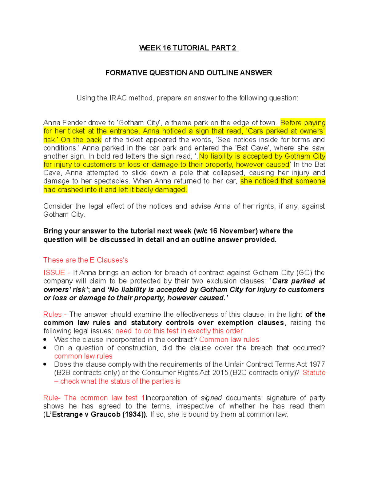 Contract Formative problem question and outline answer - WEEK 16 ...