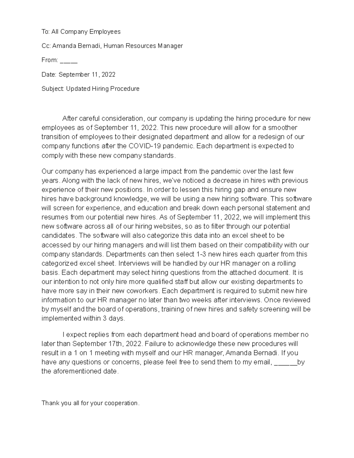 Memo Assignment - To: All Company Employees Cc: Amanda Bernadi, Human ...