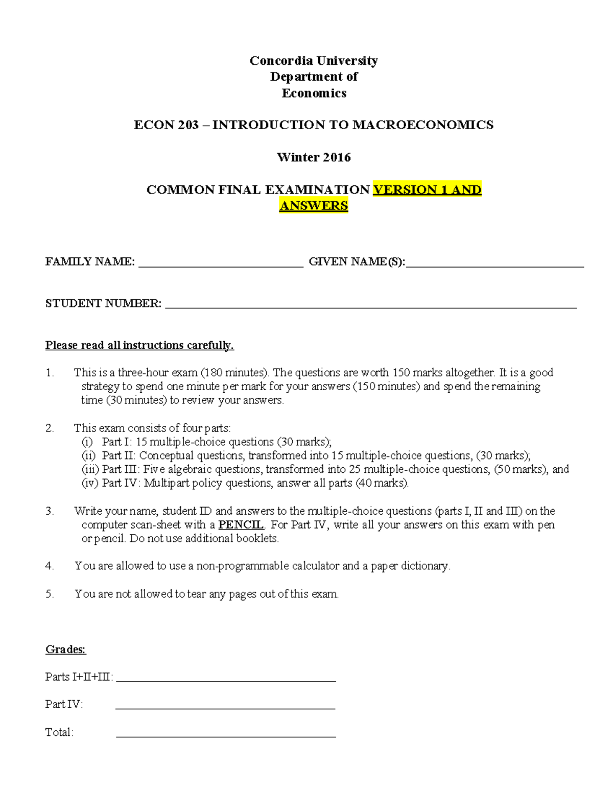 Econ 203 w16 final exam version 1 - Concordia University Department of ...