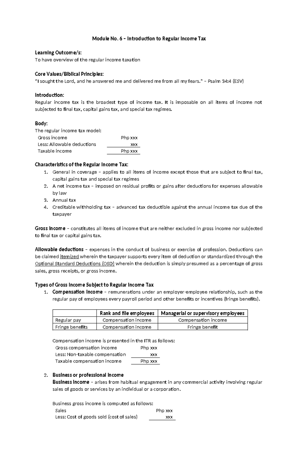 Module No 6 - Intro to Regular Income Tax - Module No. 6 – Introduction to Regular Income Tax ...