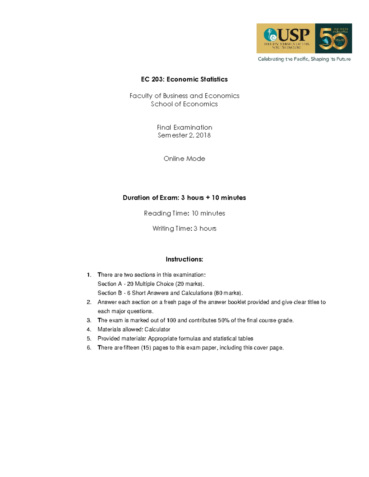 EC203 Exam - Practice - EC 203: Economic Statistics Faculty of Business ...