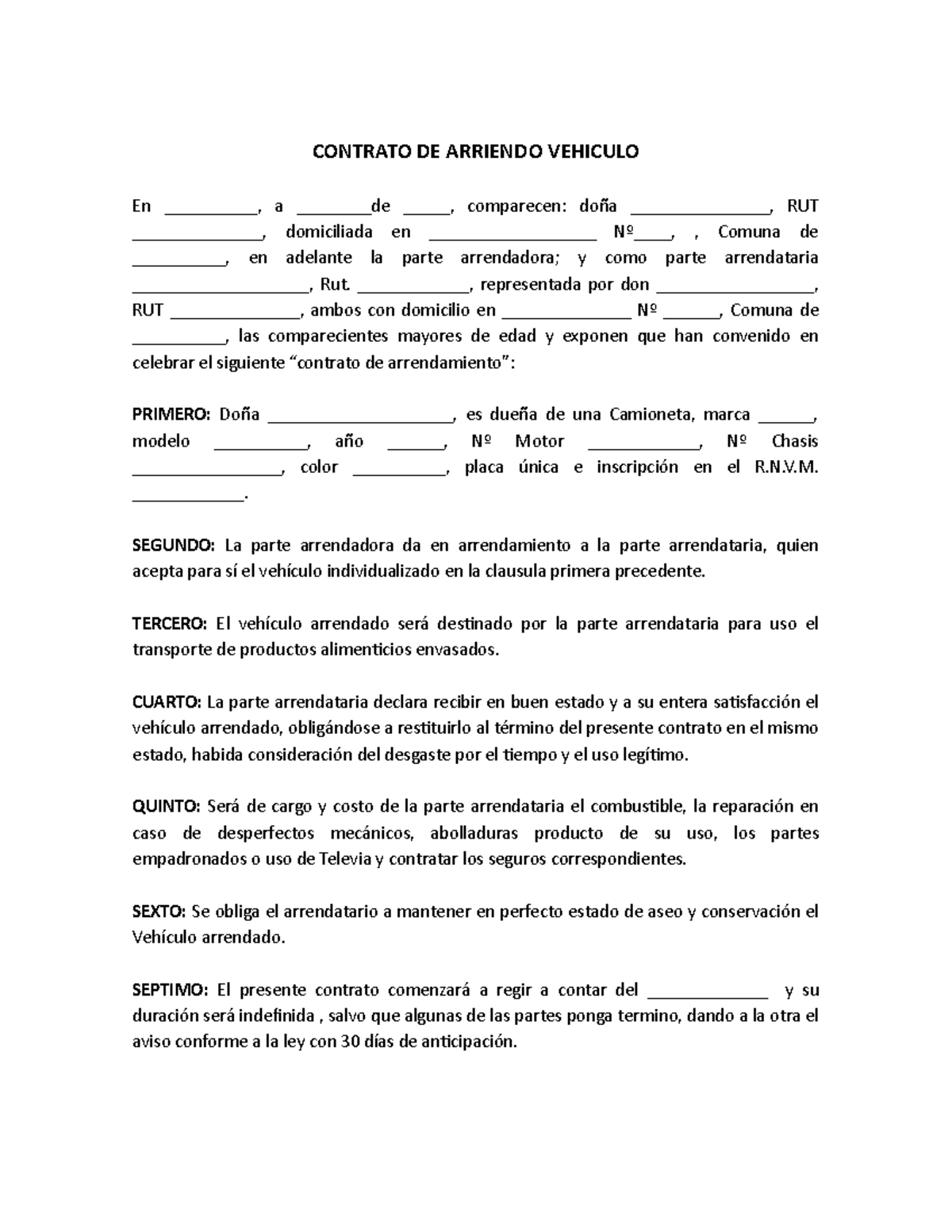 Contrato de Arriendo Vehiculo - CONTRATO DE ARRIENDO VEHICULO En ...