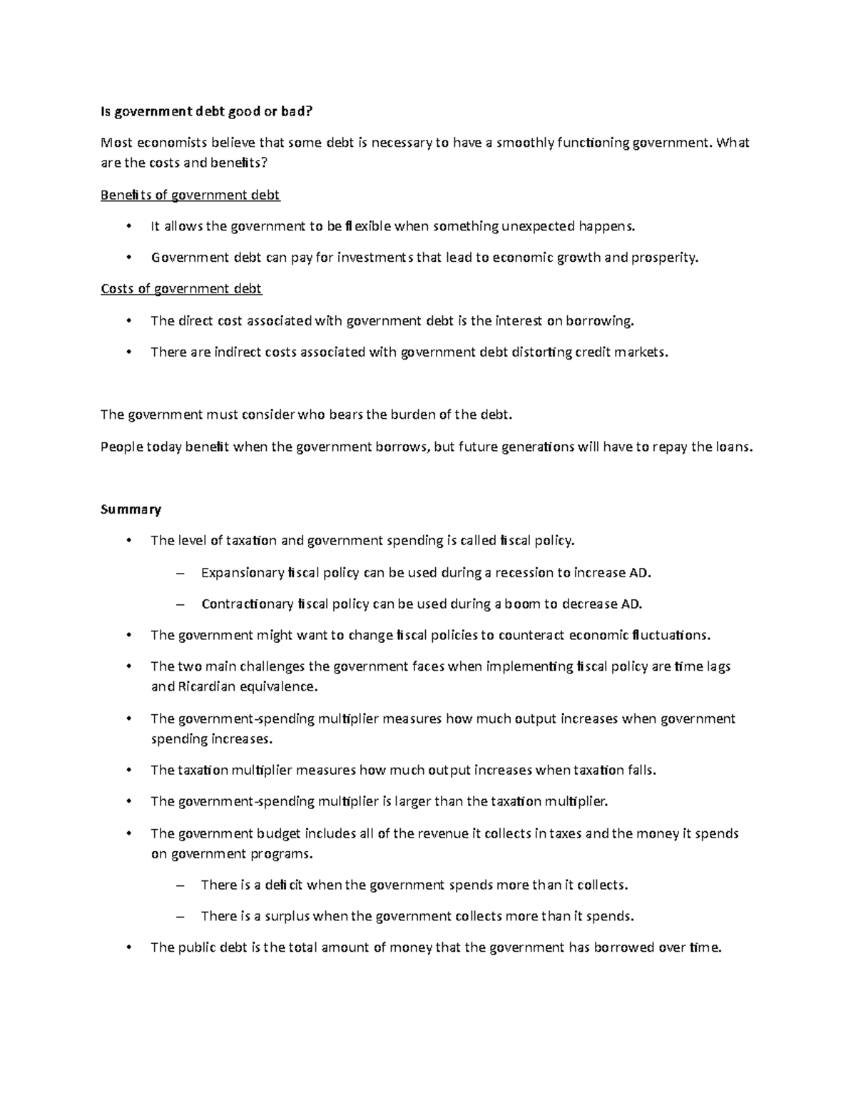 Fiscal Policy Summary Econ102 Introduction To Macroeconomics 
