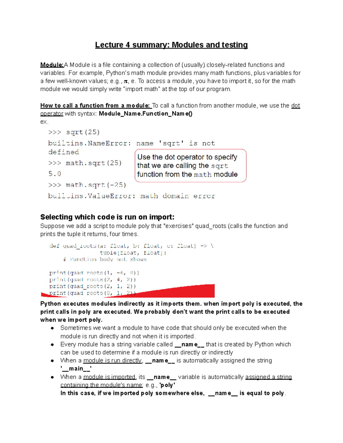 Lecture 4 summary Modules and testing - Lecture 4 summary: Modules and ...