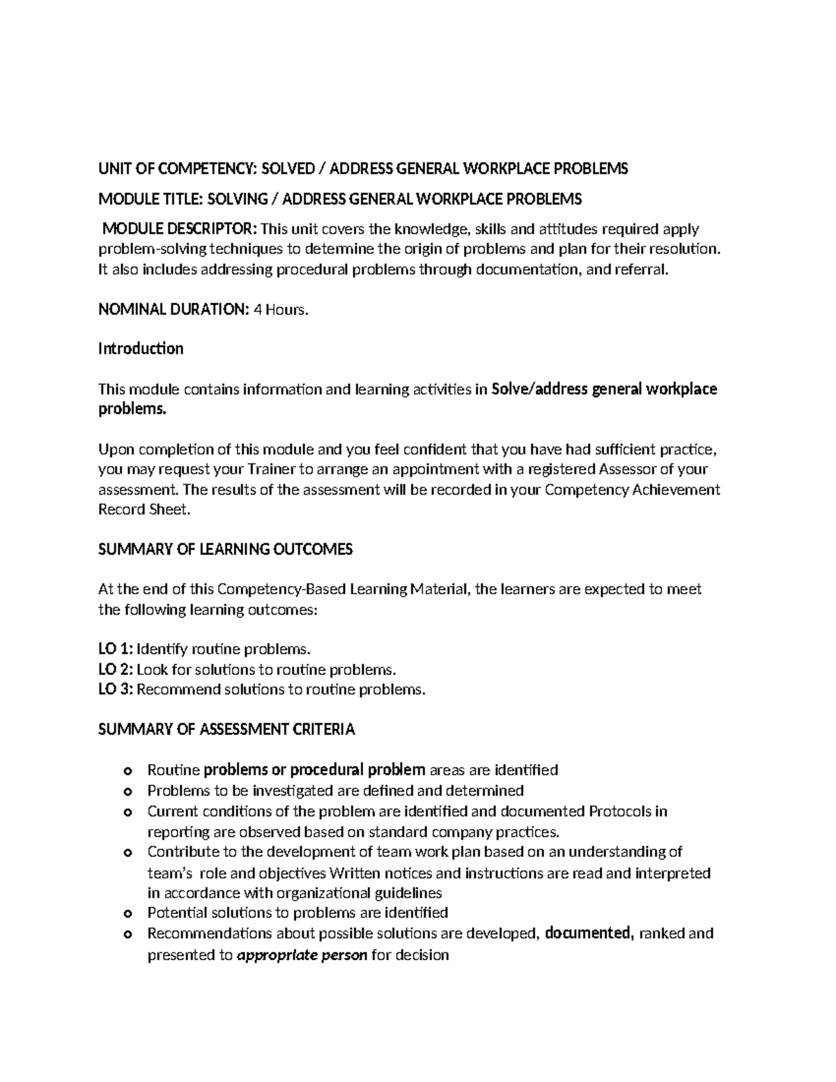 Group 3 css basic - Nothing - UNIT OF COMPETENCY: SOLVED / ADDRESS GENERAL WORKPLACE PROBLEMS ...